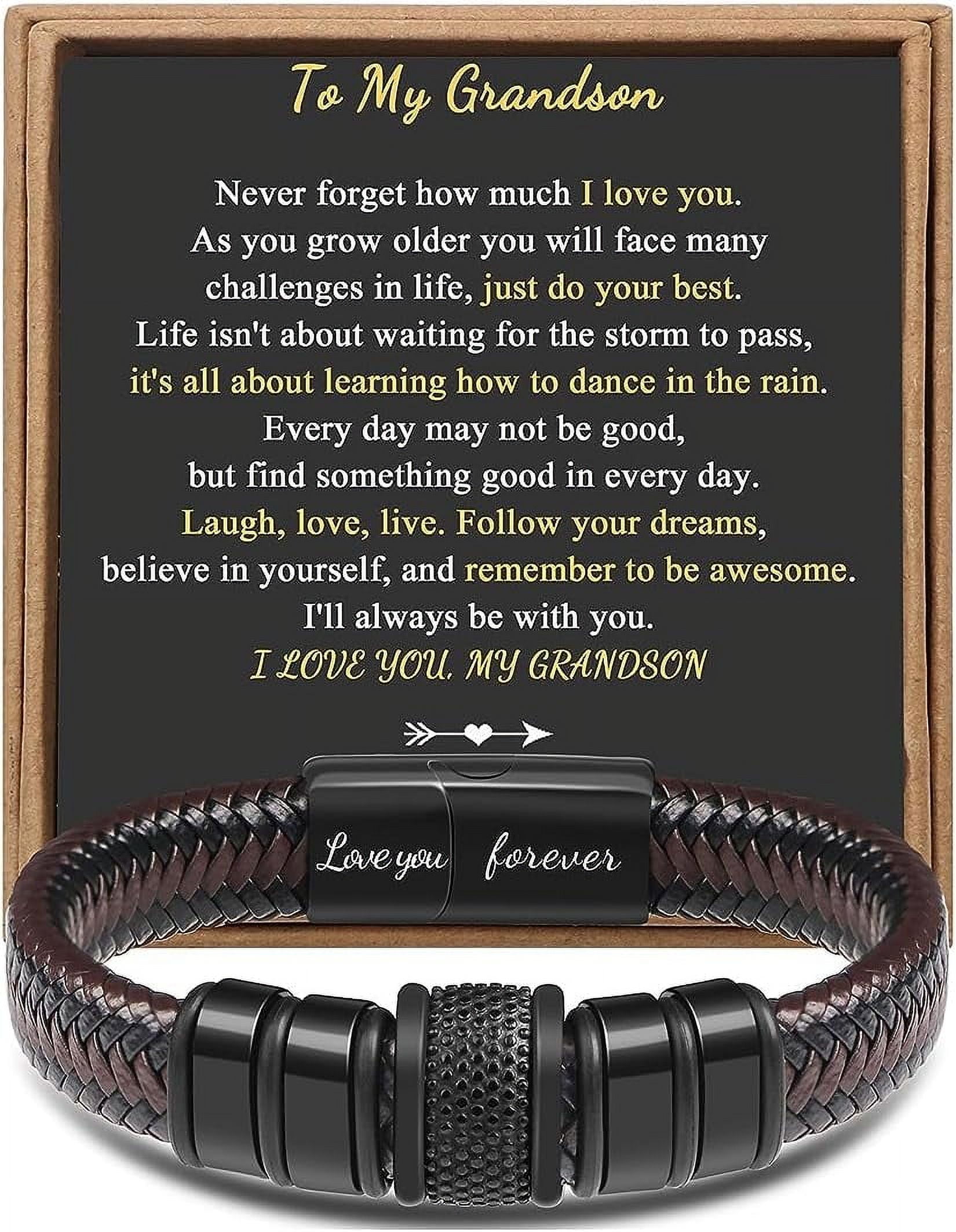 Gift for Grandson from Grandma Braided Leather Bracelet Men's Stainless ...