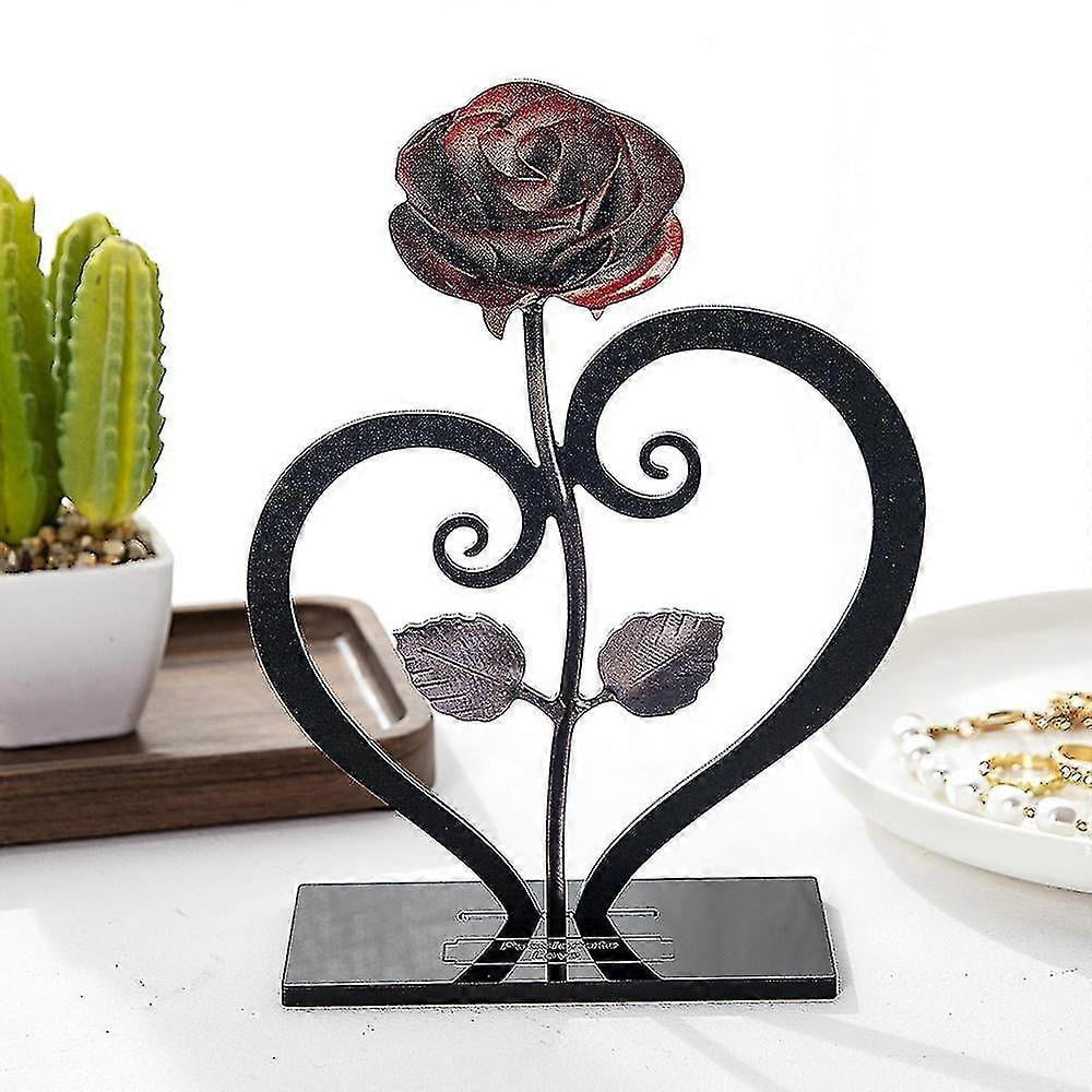 Gift Hand-forged Wrought Iron Red Metal Rose With Heart - Shaped Stand ...