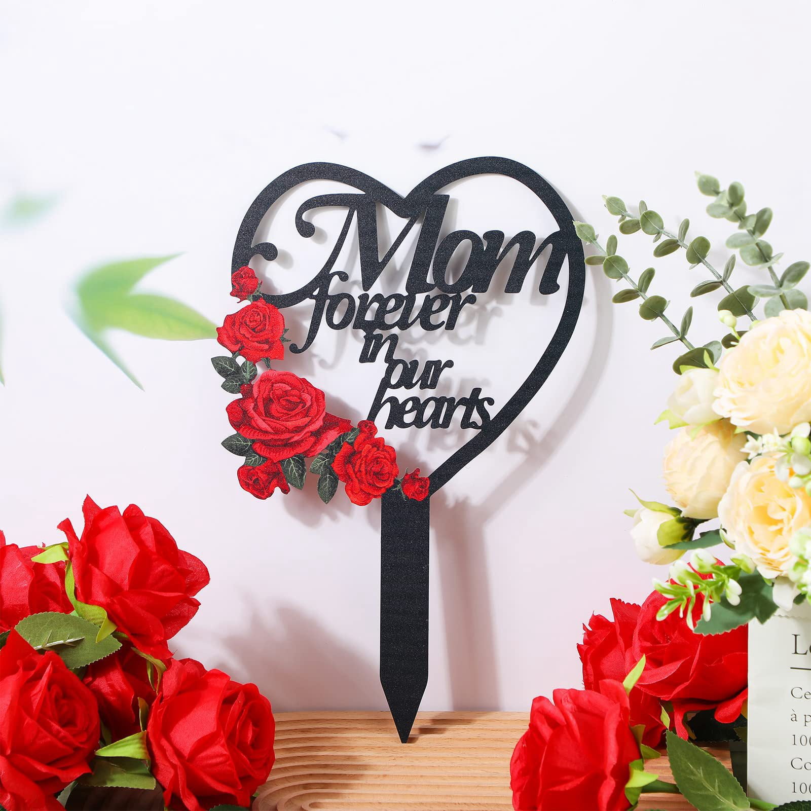 Waterproof Heart Shaped Metal Grave Marker for Mom, Red Rose Cemetery ...