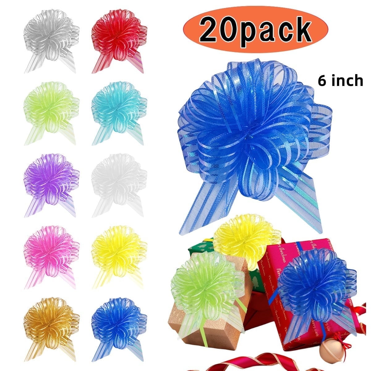 Premium Large Organza Pull Bow Gift Wrap, Assorted Colorful 6 Inch Bows ...