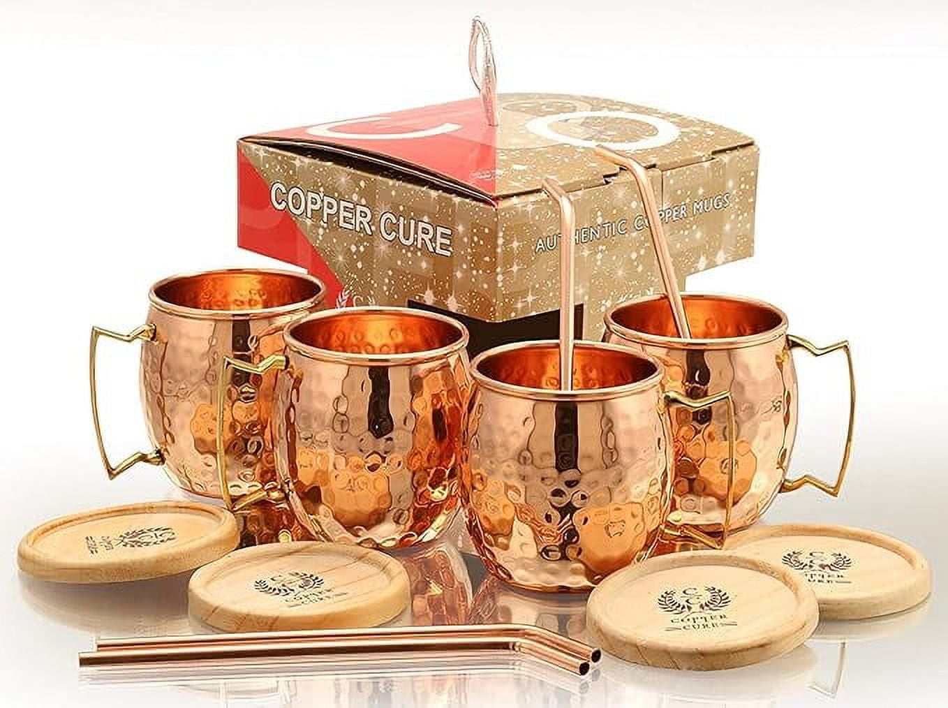 Gift Set Pure Copper Hammered Mugs with Copper Straws & Wooden Coasters ...
