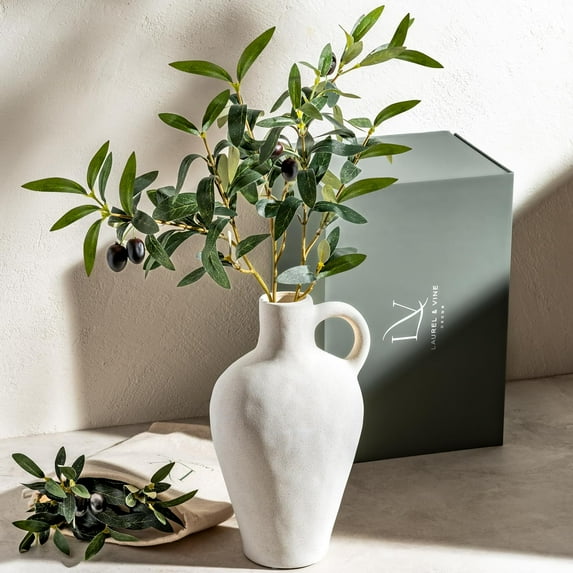 Gift Set Textured Ceramic Vase 10 Inch with Olive Branches 22 Inch Tall ...