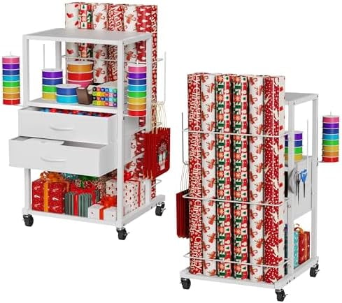 Gift Wrapping Station with 2 Fabric Drawer, Wrapping Paper Storage Cart ...