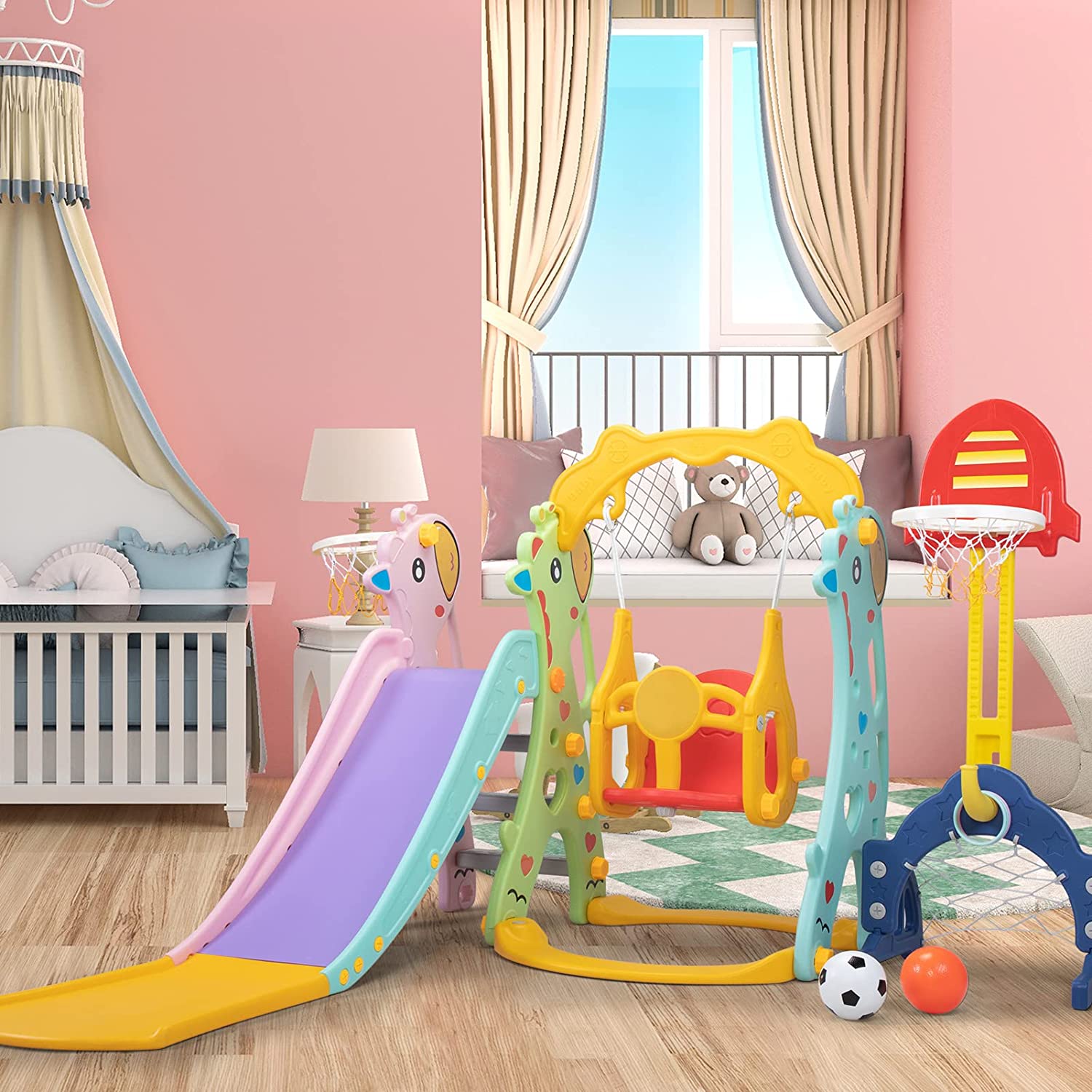 Gift for kids, 5 in 1 Slide and Swing Playing Set, Toddler Extra-Long ...