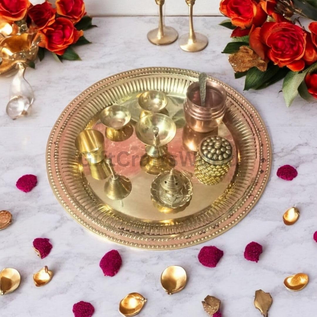 GiftCraftsWorld Brilliant Brass 12 inch Pooja Thali Items Sets of 10 ...