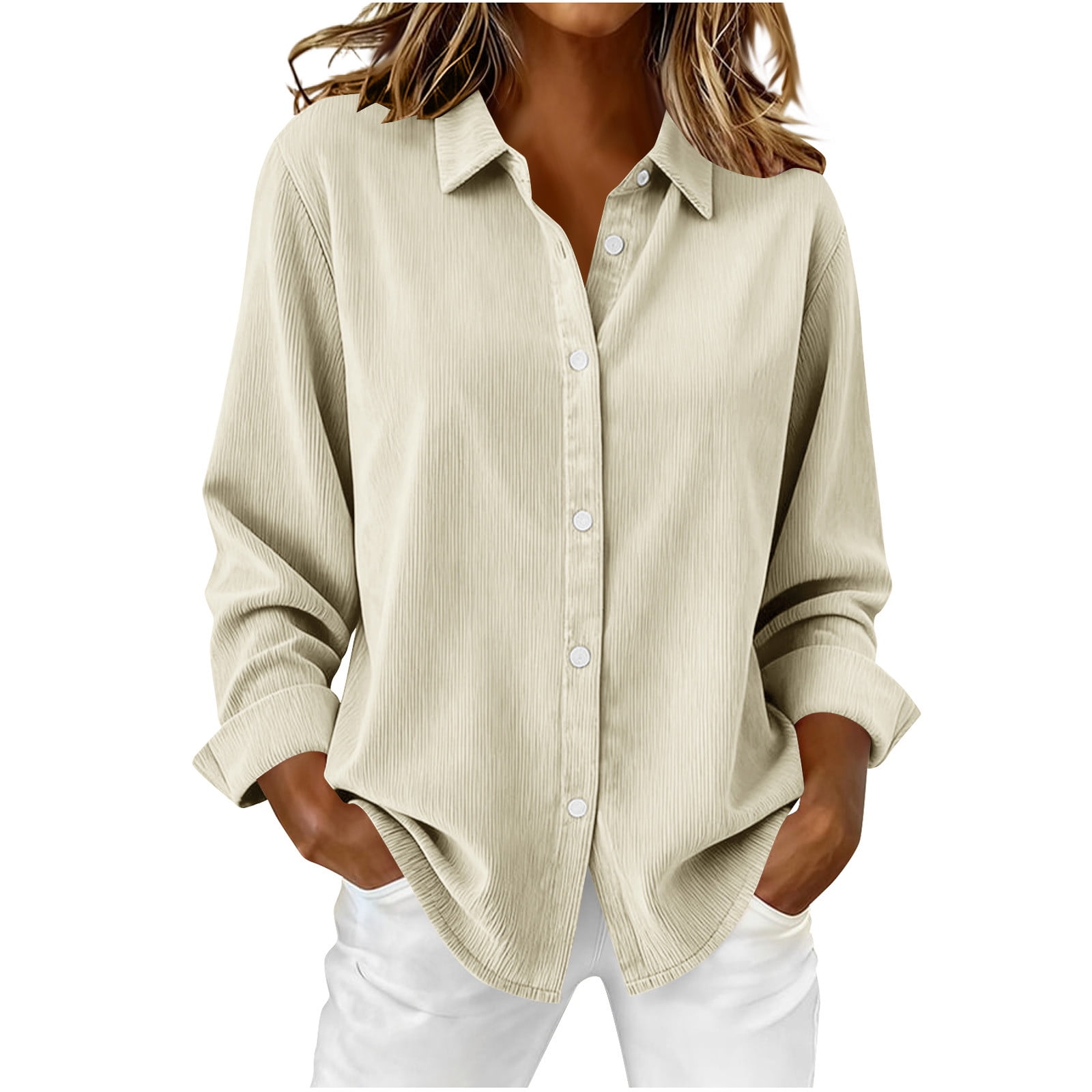 Giftesty Corduroy Shirts for Women Button-Up Shirt Jacket Solid Color ...