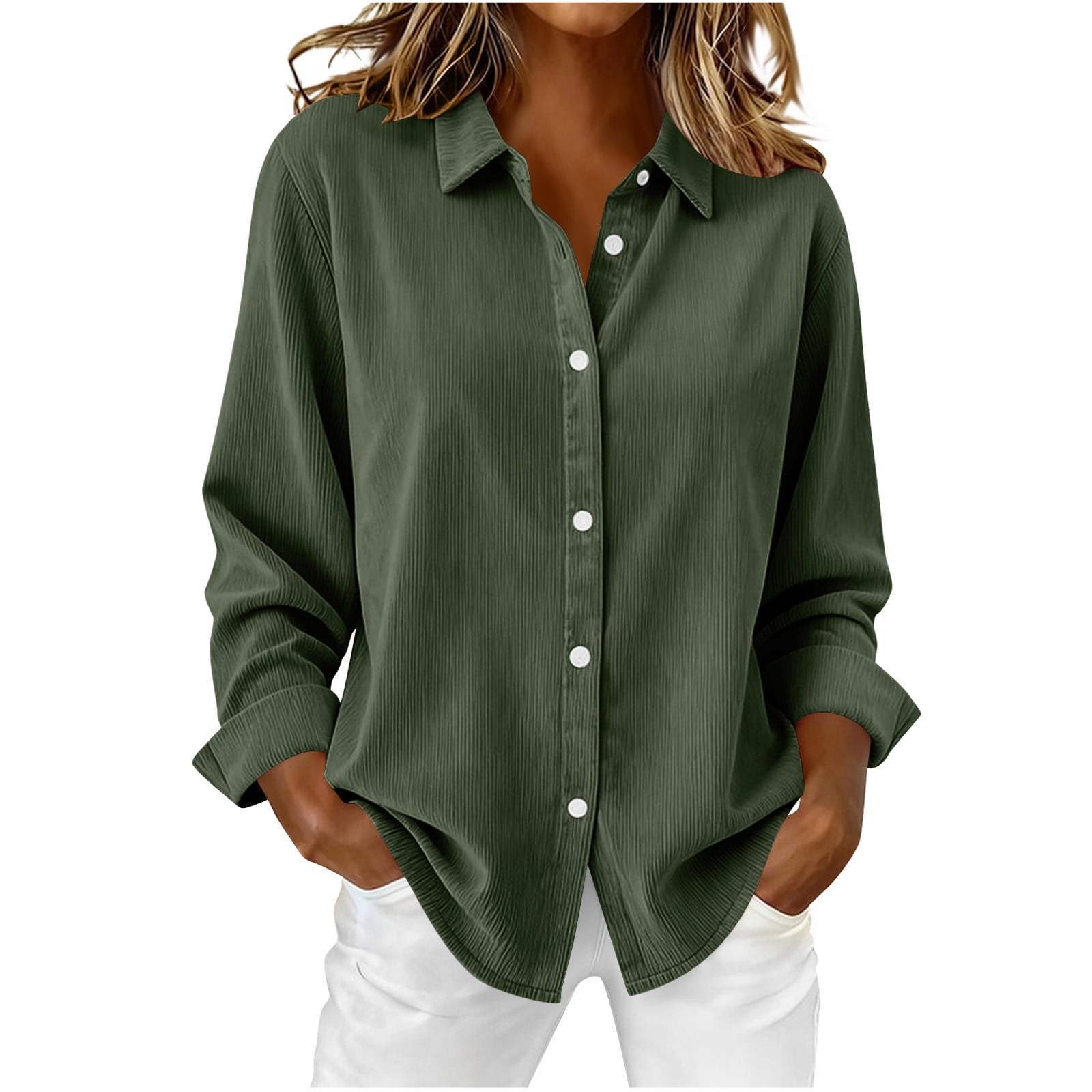 Giftesty Corduroy Shirts for Women Button-Up Shirt Jacket Solid Color ...