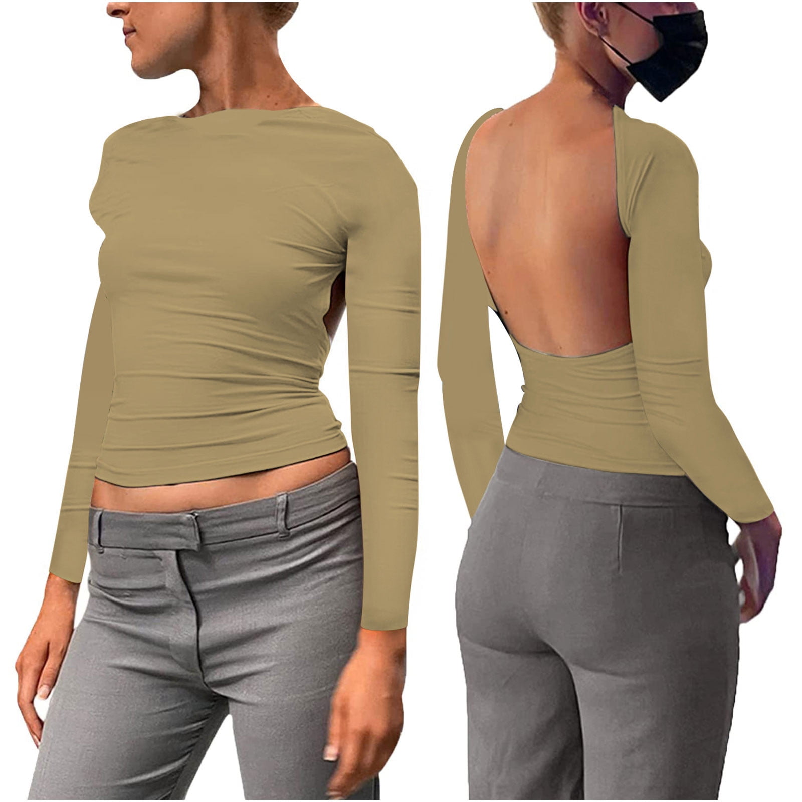 Giftesty Tops for Women Hollowed Out Backless Top Tight Long Sleeve ...