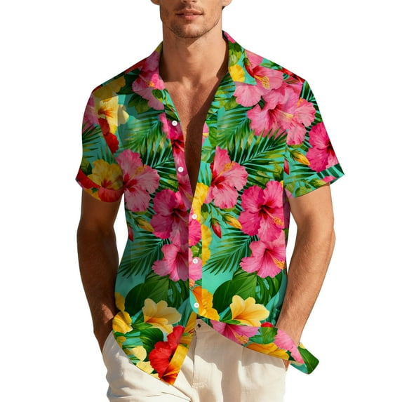 Giftesty Unisex Regular Fit Tropical Hawaiian Print Short Sleeve Button ...