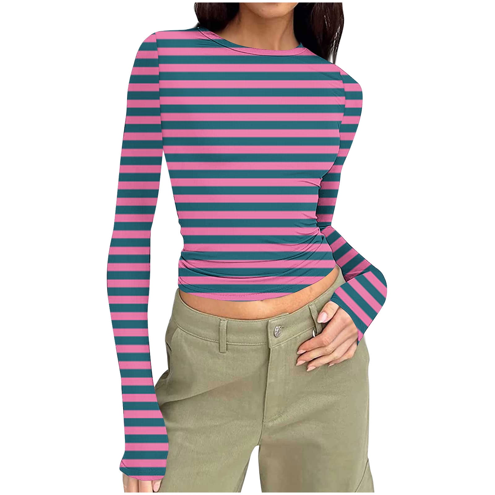 Giftesty Women's Casual Non-Positioned Print Ribbed Stretchy Round Neck ...