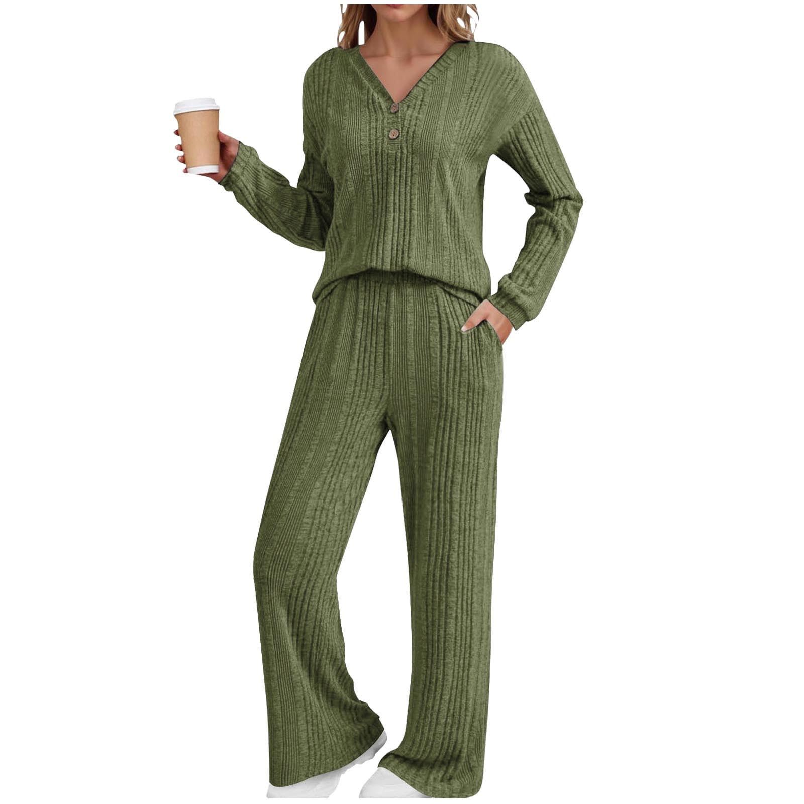 Giftesty Women's Fall Winter Fashion Solid Color Ribbed Knit Loungewear ...