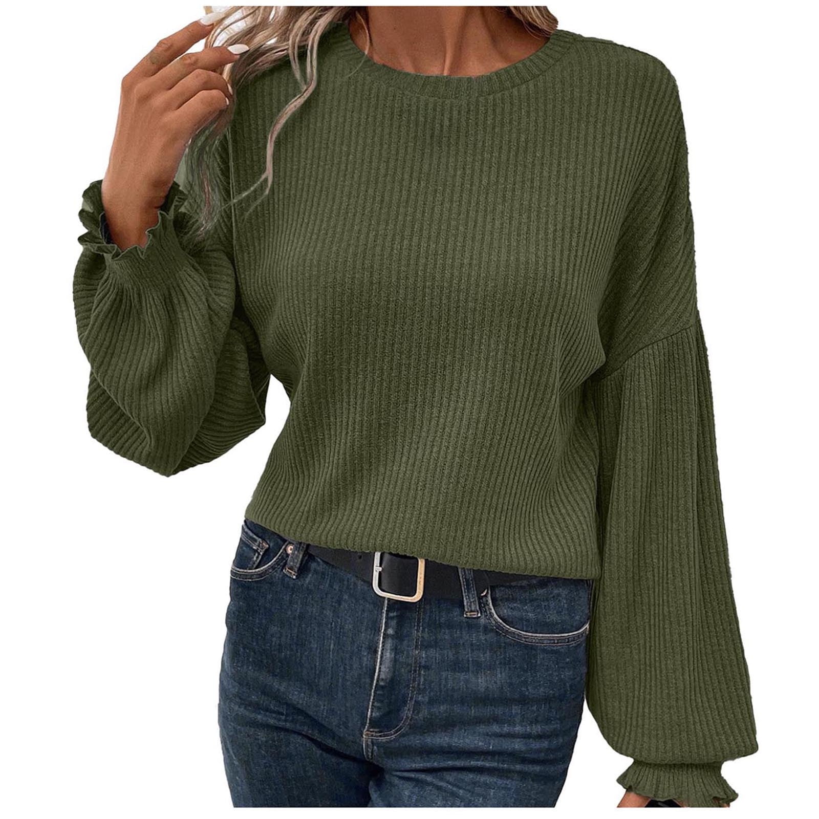 Giftesty Women's Fall Winter Solid Color Ribbed Knit Crew Neck Long ...