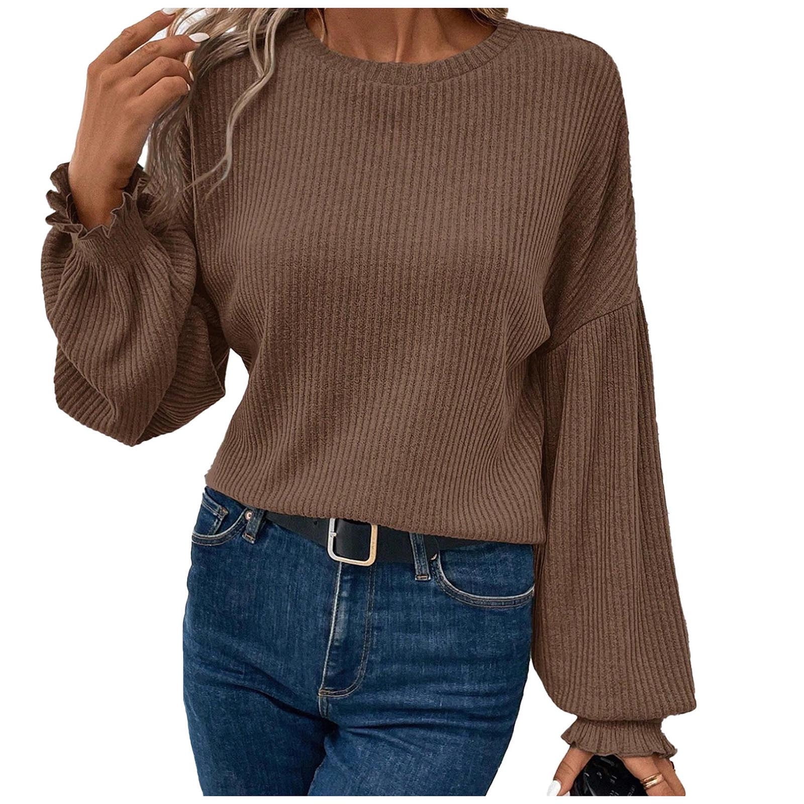 Giftesty Women's Fall Winter Solid Color Ribbed Knit Crew Neck Long ...