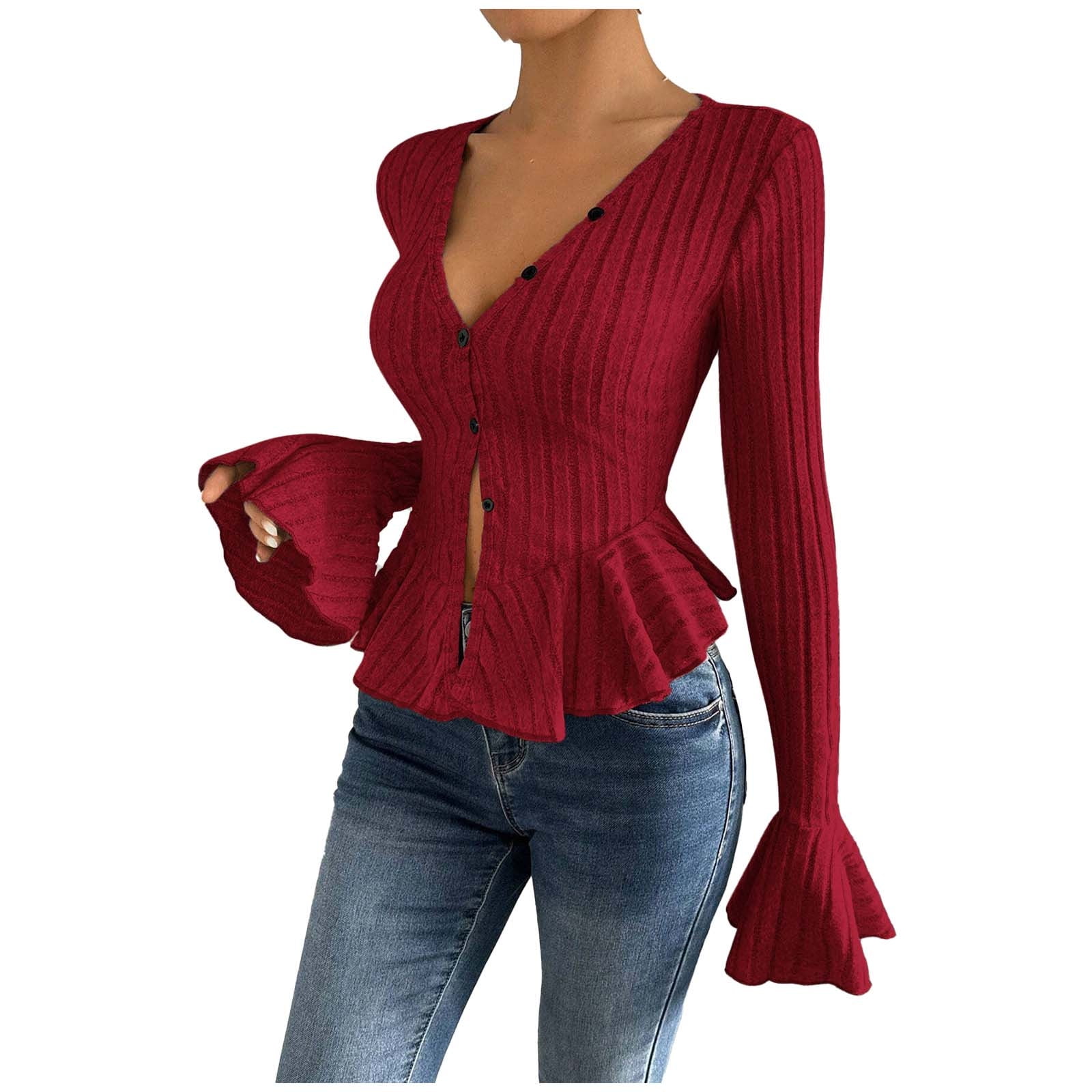 Giftesty Women's Fashion Casual Fall Winter Solid Color V Neck Long ...