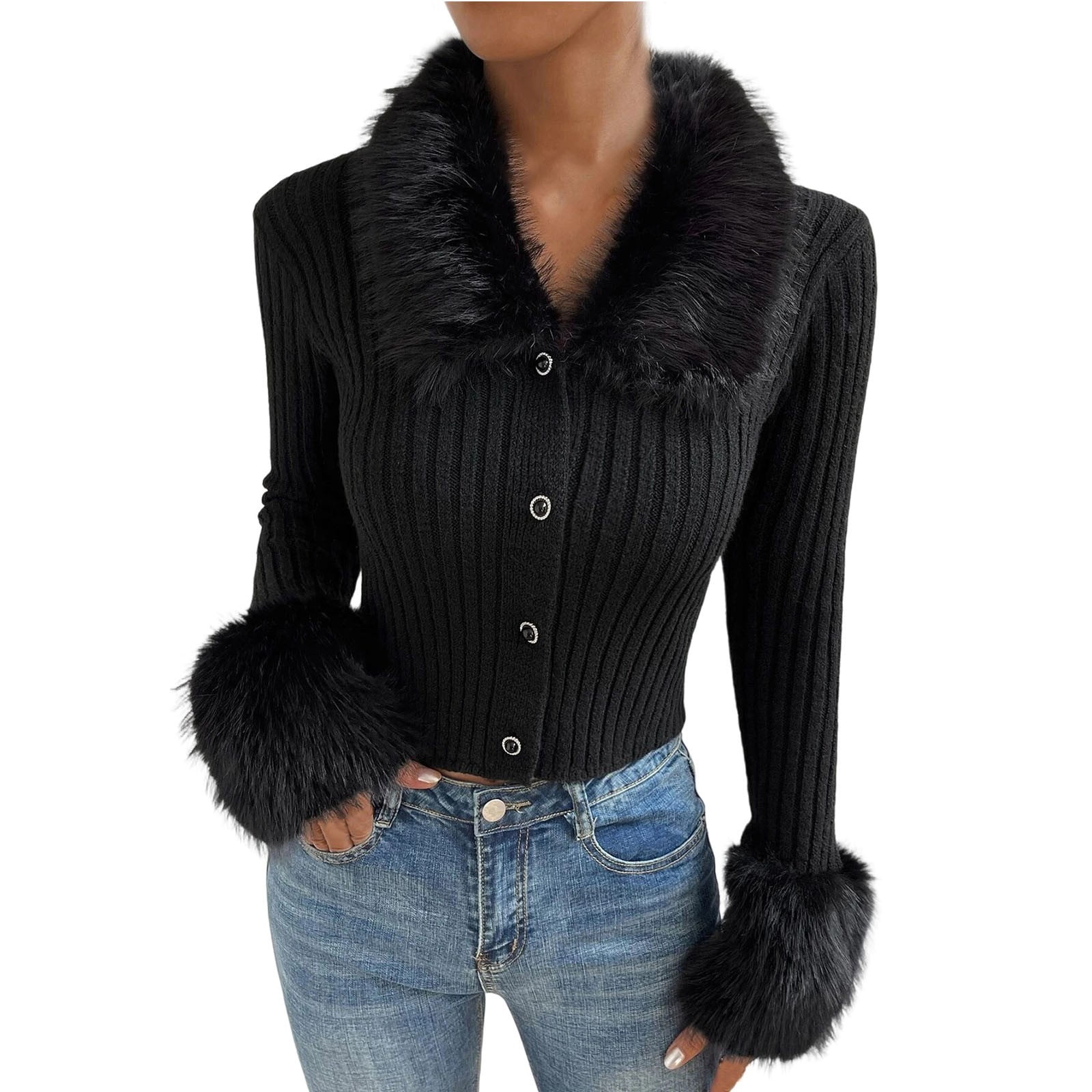 Giftesty Women's Fur Collar V-Neck Button Front Slim Fit Long Sleeve ...
