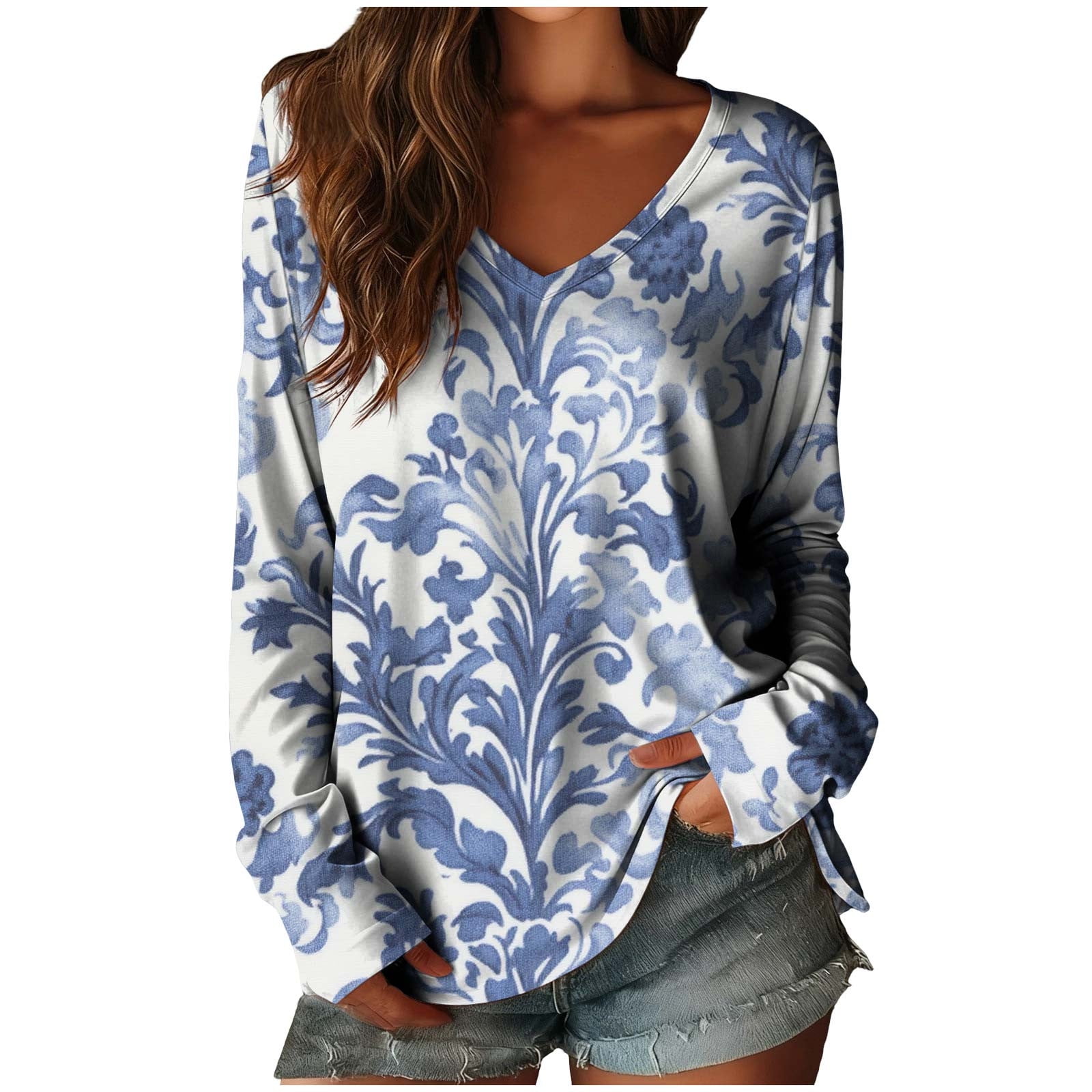 Giftesty Women's Loose Fit Blue Floral Print V-Neck Long Sleeve Vintage ...