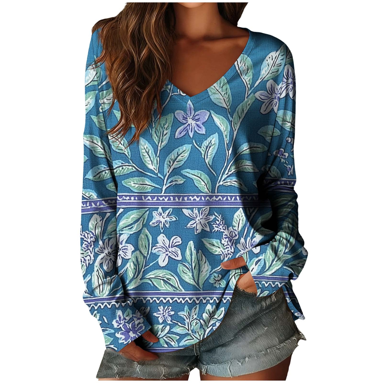 Giftesty Women's Loose Fit Blue Floral Print V-Neck Long Sleeve Vintage ...