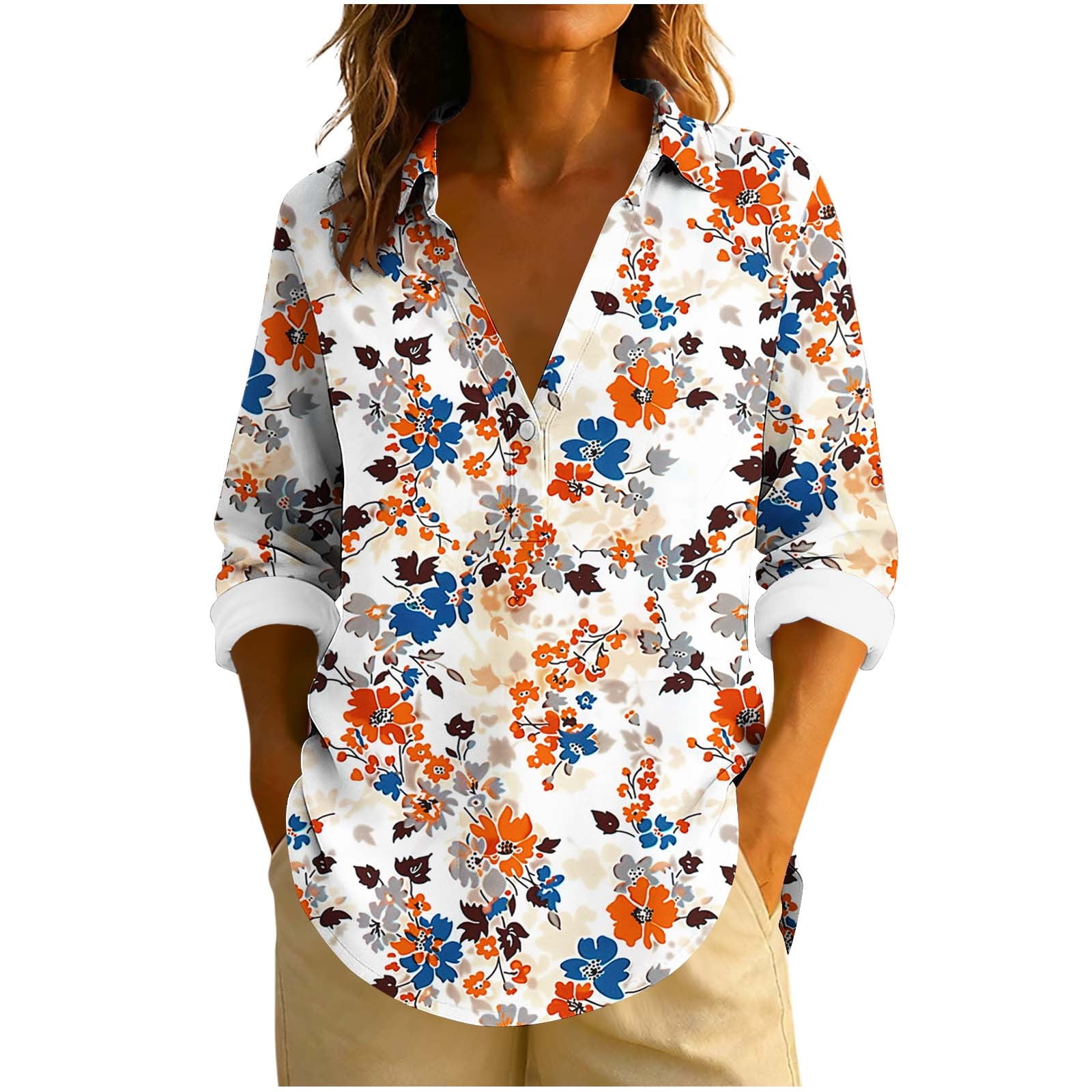 Giftesty Women's Loose Fit Multi-Color Turn-Down Collar Long Sleeve ...