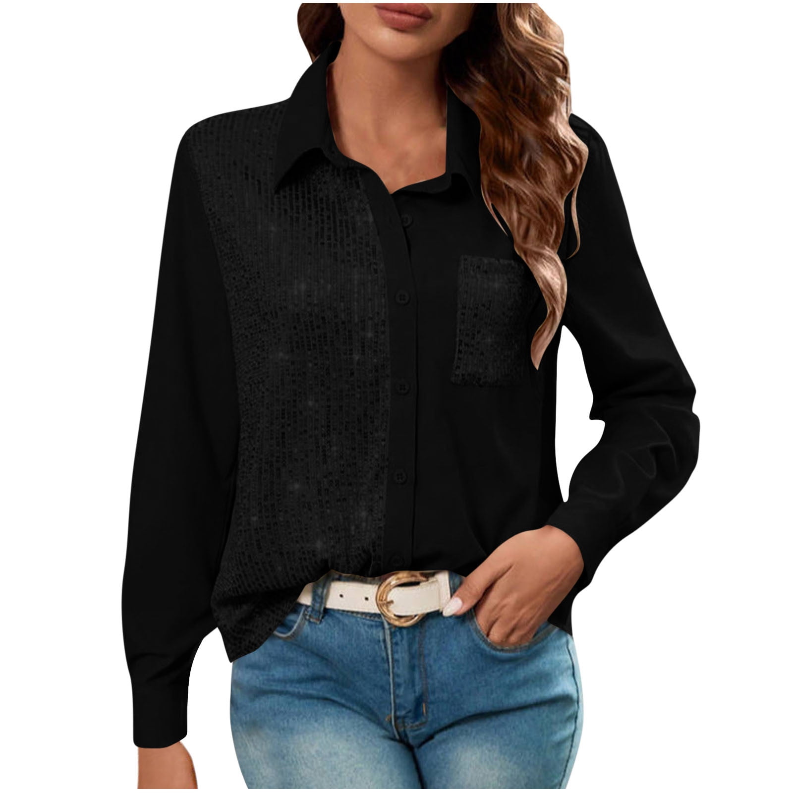 Giftesty Women's Party Casual Solid Color Lapel Sequin Patchwork Pocket ...