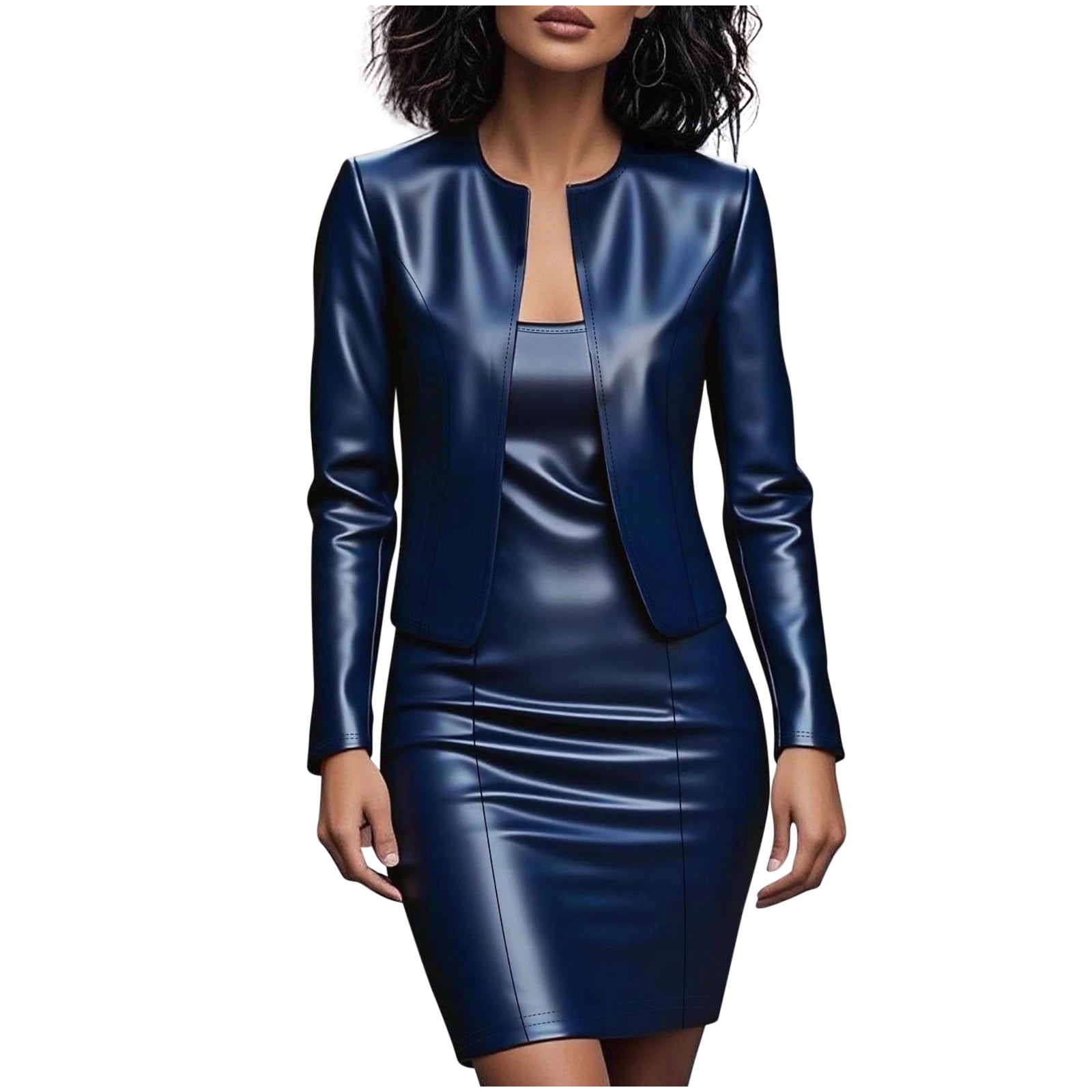 Giftesty Women's Professional Solid Color Leather Two Piece Set Crew ...