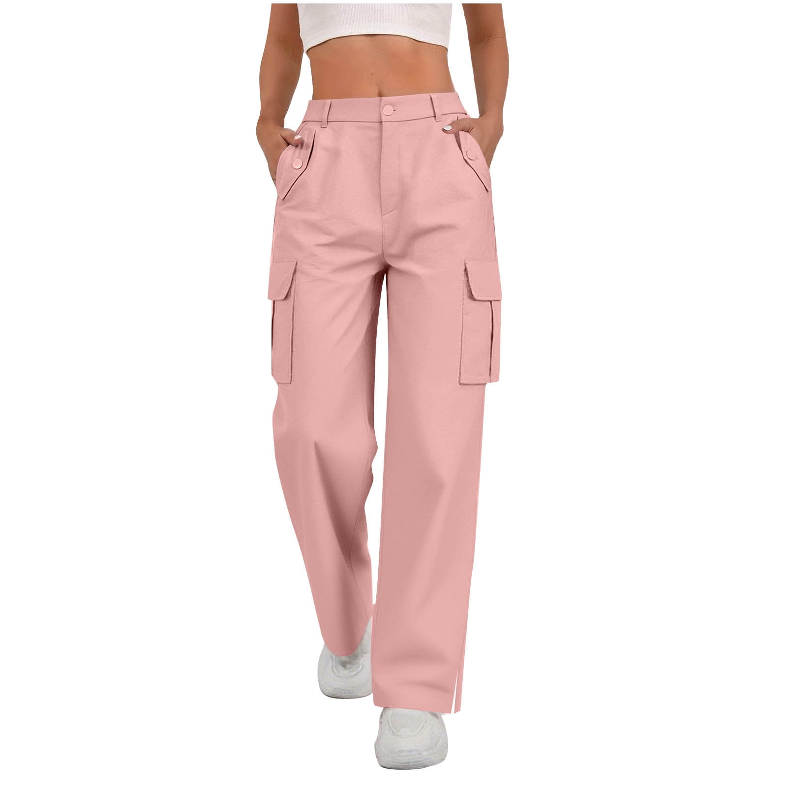 Giftesty Women's Solid Color Elastic Waist Button Pocket Cargo Pants ...