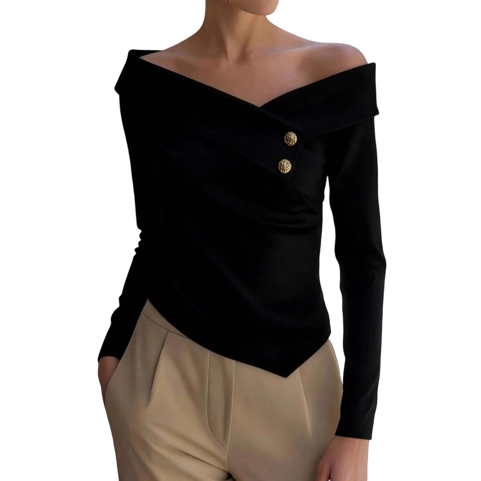 Giftesty Women's Solid Color Off-Shoulder Long Sleeve Button Detail ...