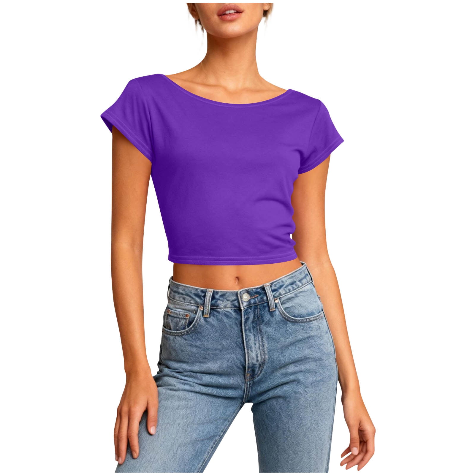 Giftesty Women's Solid Color Round Neck Short Sleeve Backless Crop ...