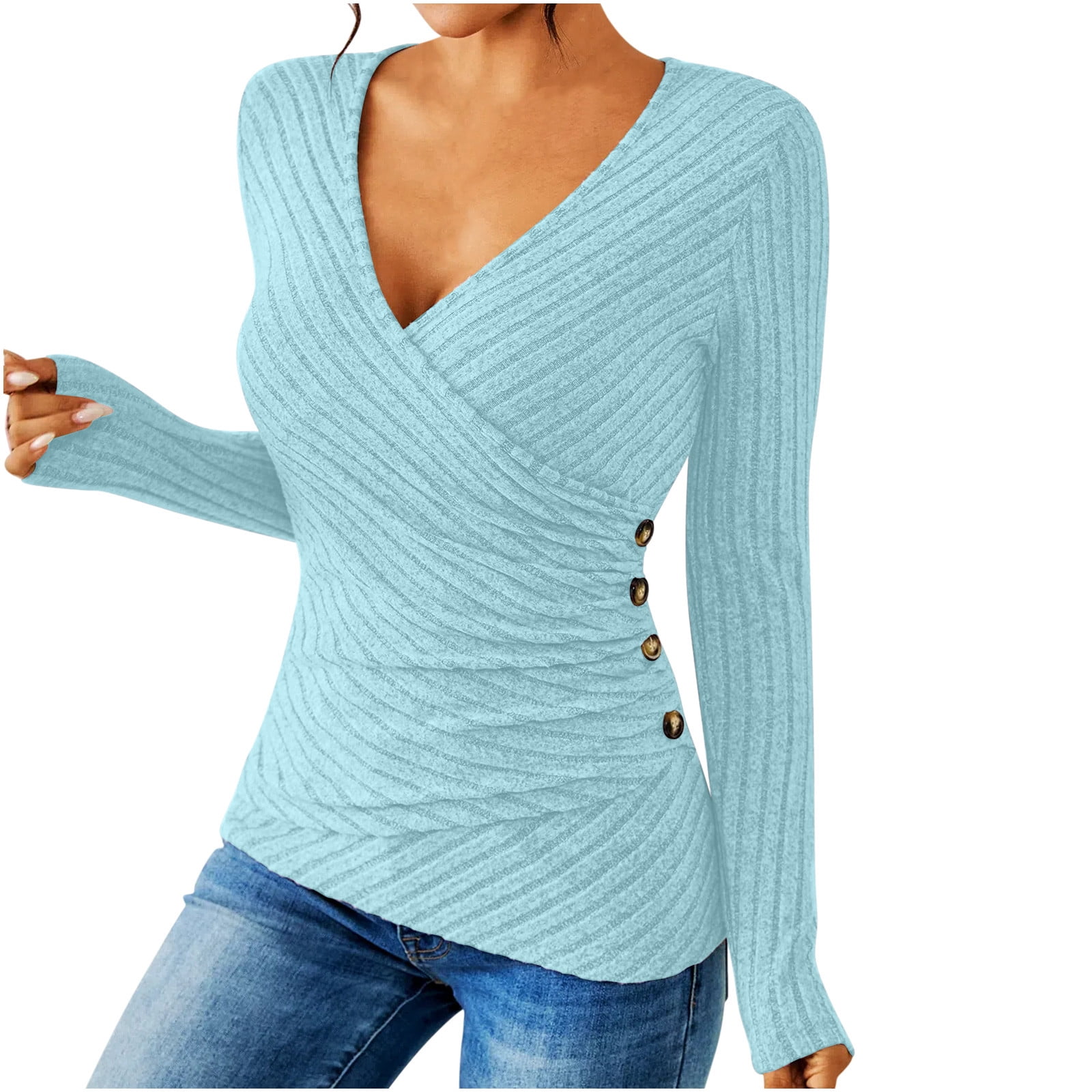 Giftesty Women's Solid Color V Neck Long Sleeve Ribbed With Buttons ...