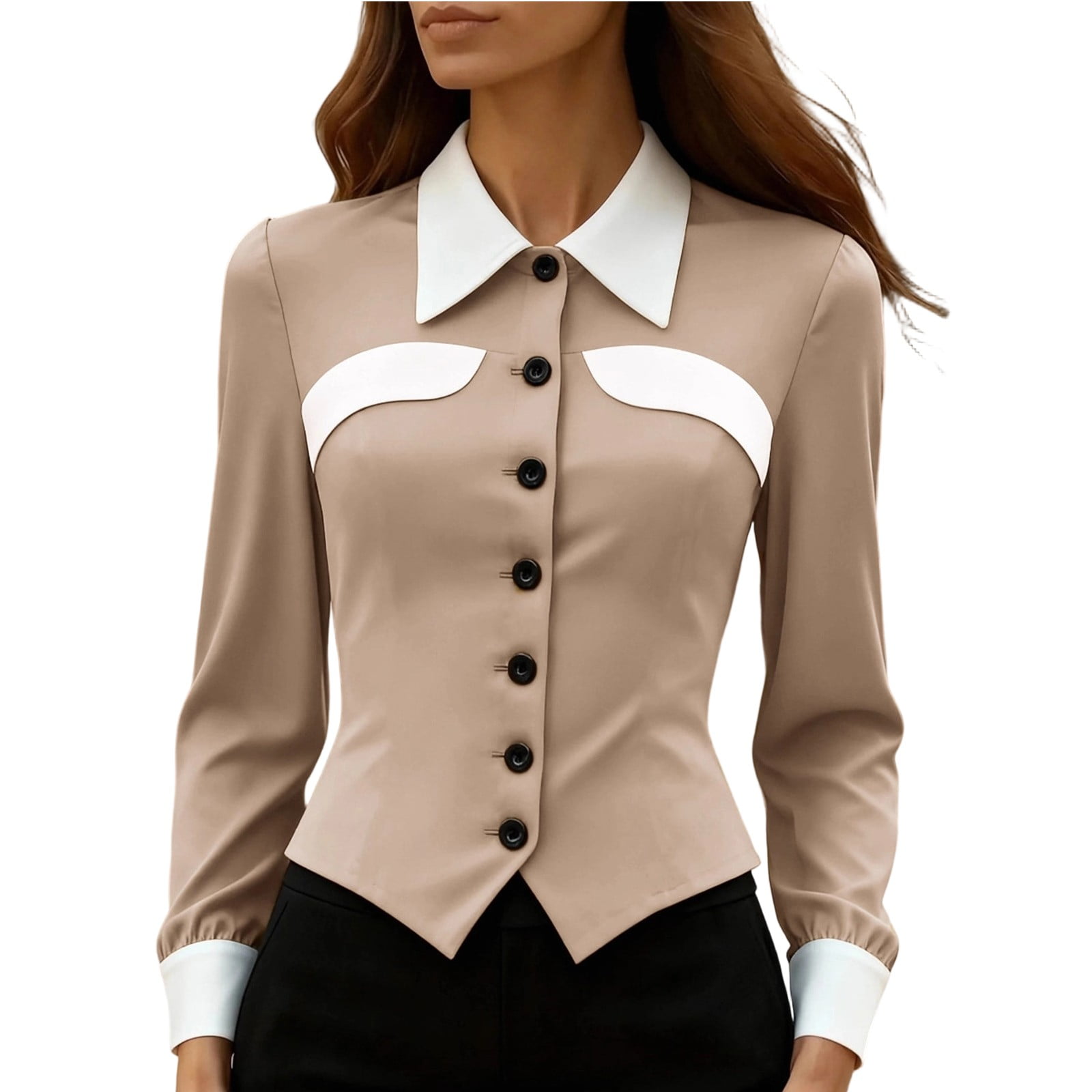 Giftesty Women's Two Tone Collar Neck Long Sleeve Satin Color Block ...