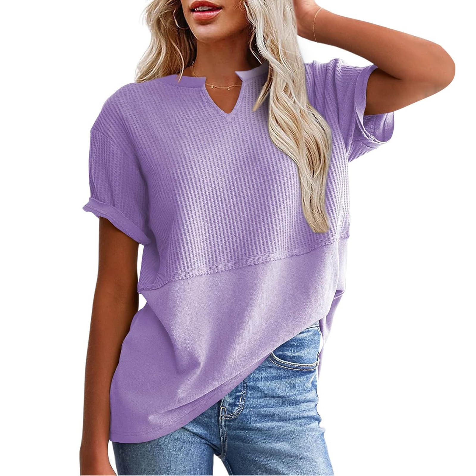 Gifts Dianli Casual Tee Women's V-Neck Waffle Grid Patchwork Pullover ...