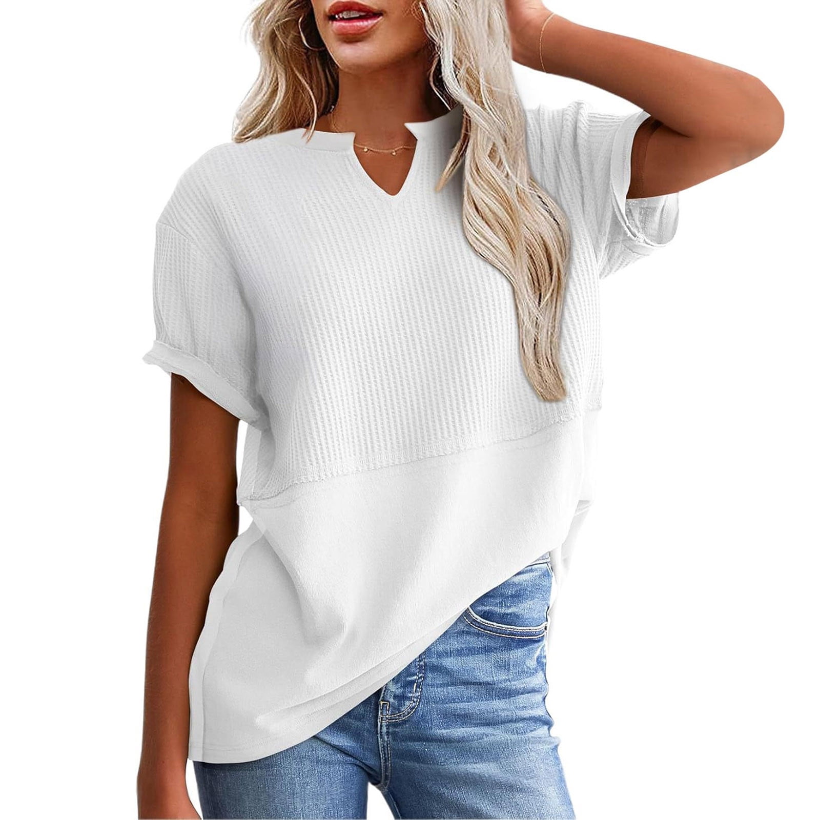 Gifts Dianli Casual Tee Women's V-Neck Waffle Grid Patchwork Pullover ...