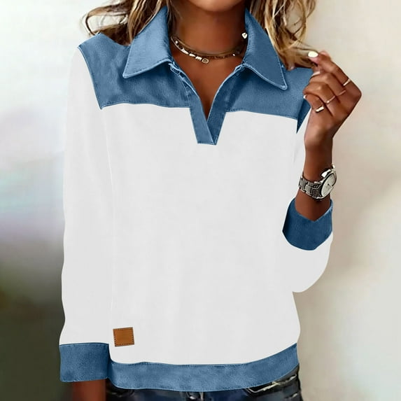 Gifts Dianli Denim Patchwork Pullover Sweater Lapel V-Neck Long Sleeve ...