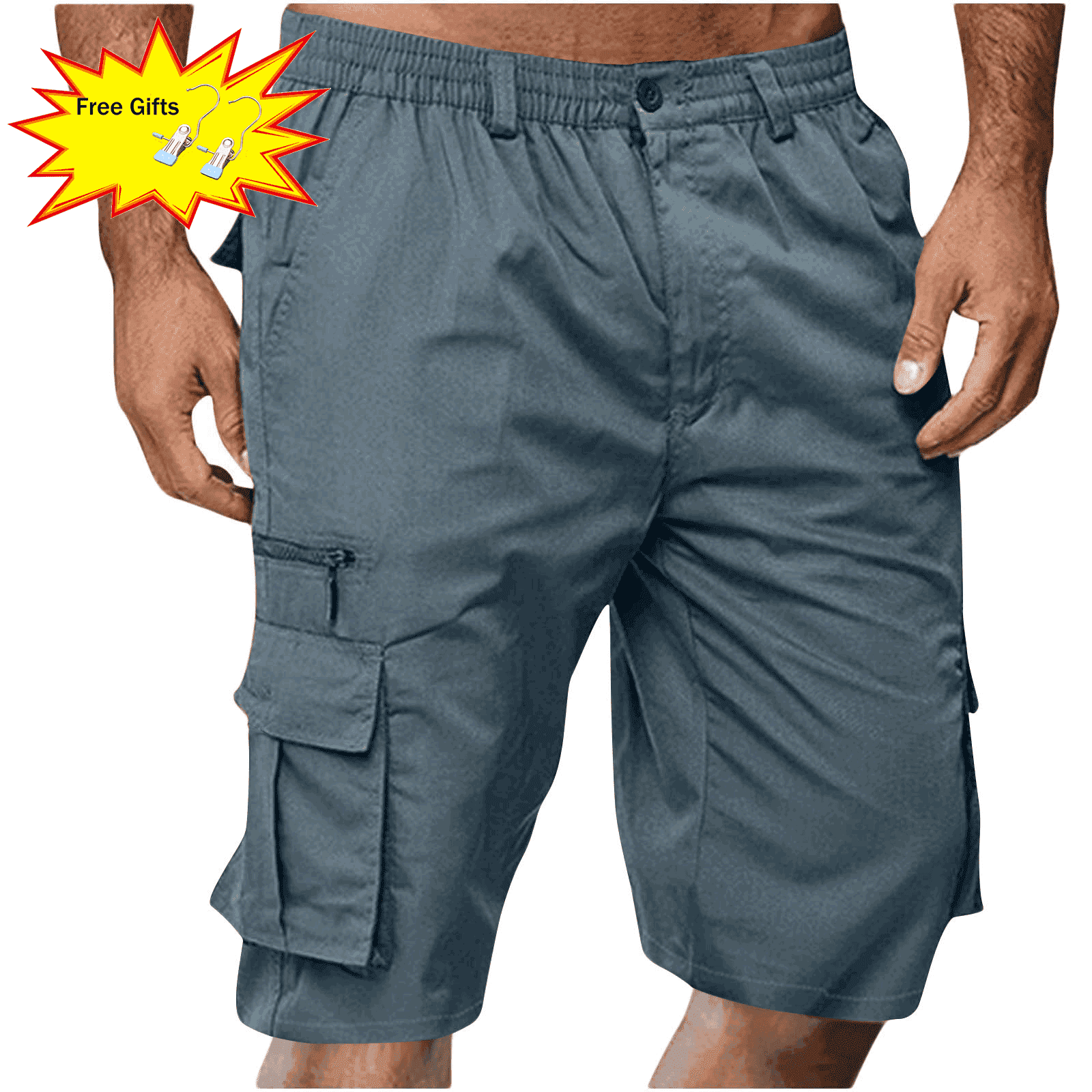 Titcea Men's Cargo Shorts Elastic Waist Buttons Zipper Pockets Solid ...