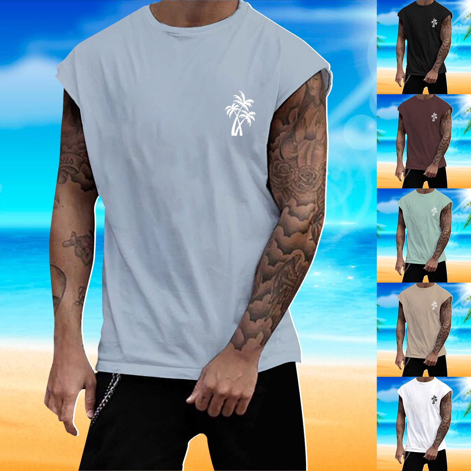 Gifts for Men! LINGLANG Mens Palm Tree Tank Top Sleeveless Hawaiian ...