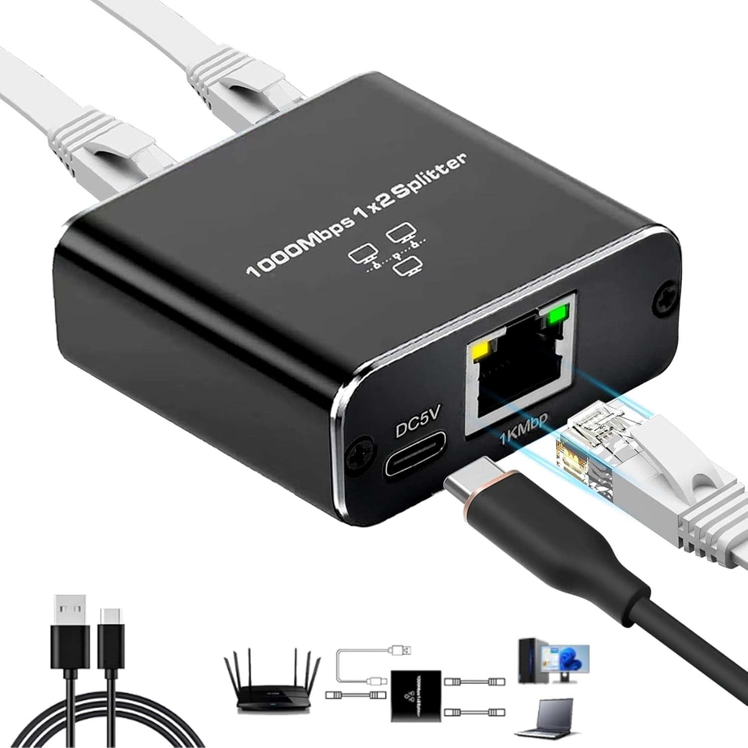 Gigabit Ethernet Splitter 1 to 2 - 1000Mbps High Speed RJ45 Port ...