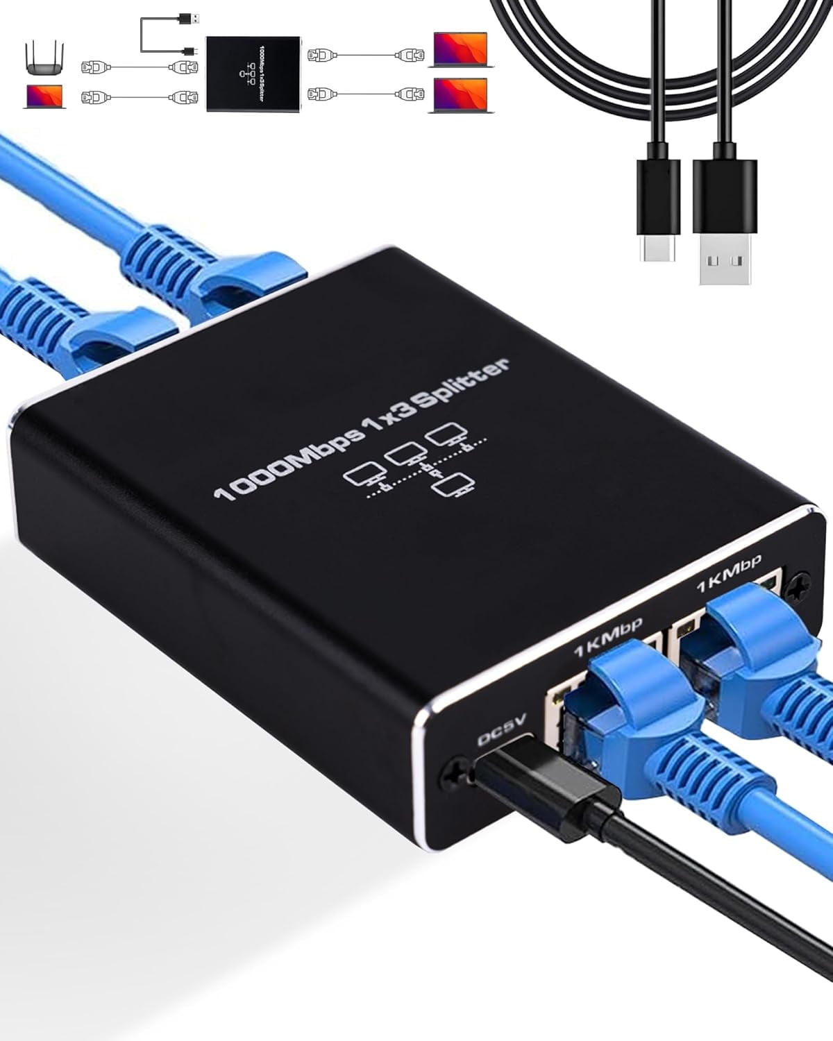 Gigabit Ethernet Splitter 1 to 3, High Speed LAN Splitter 1000Mbps with ...