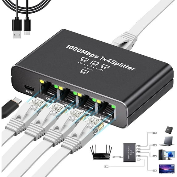 Gigabit Ethernet Splitter 1 to 4 - 1000Mbps RJ45 Port Router Switch ...