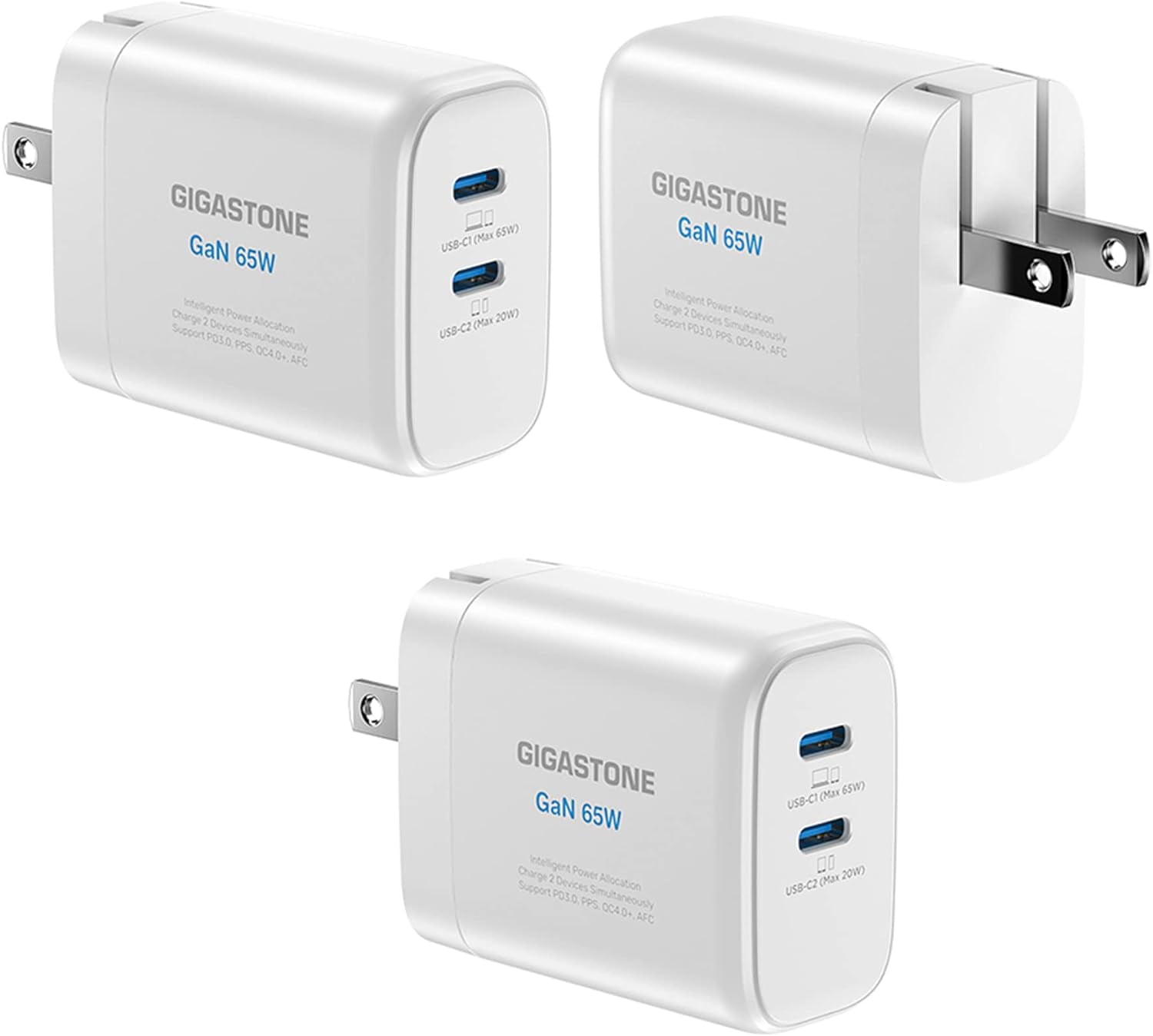 Gigastone 65W Dual USB C Charger [3 Pack] GaN Power Go PPS Dual Port ...