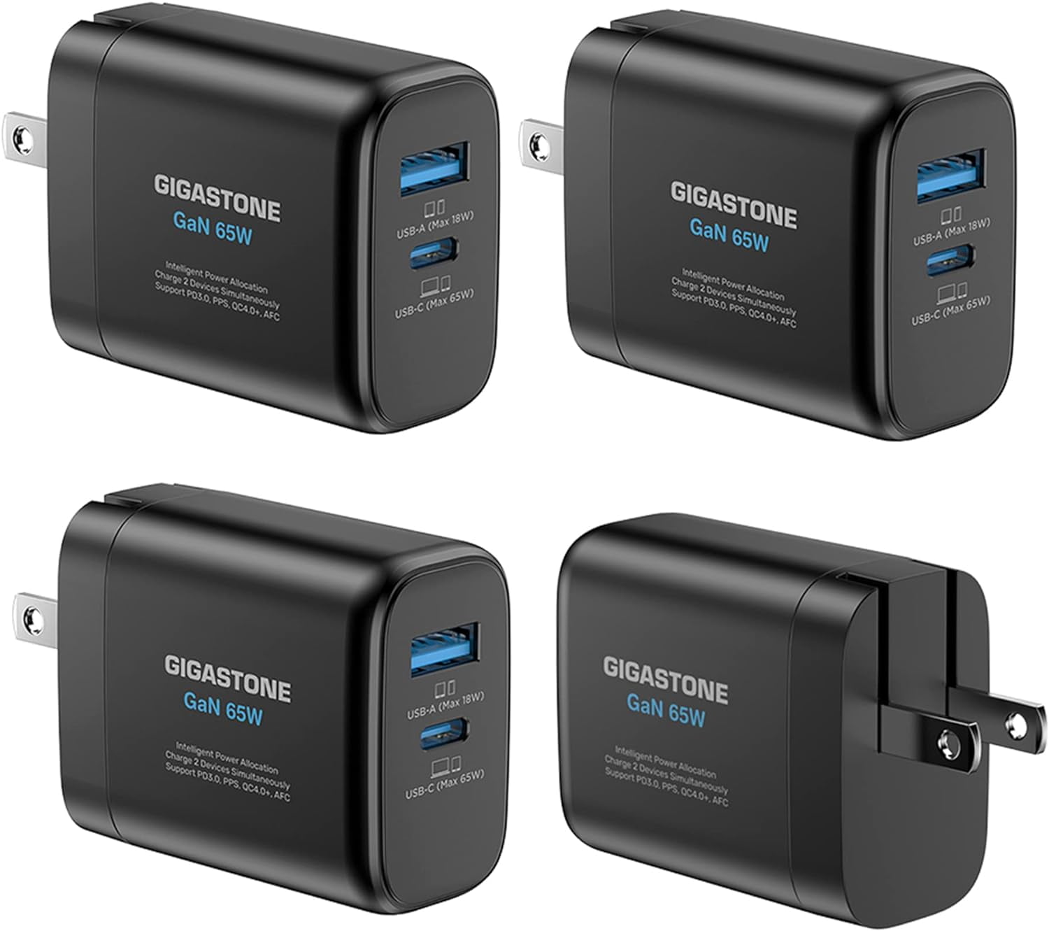 Gigastone 65W USB C & USB A Charger [4 Pack] GaN Power Go PPS Dual Port ...