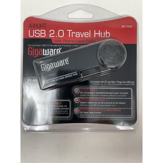 Gigaware - 26-321 - 4-port USB 2.0 Travel Hub Retractable Cable - PC ...