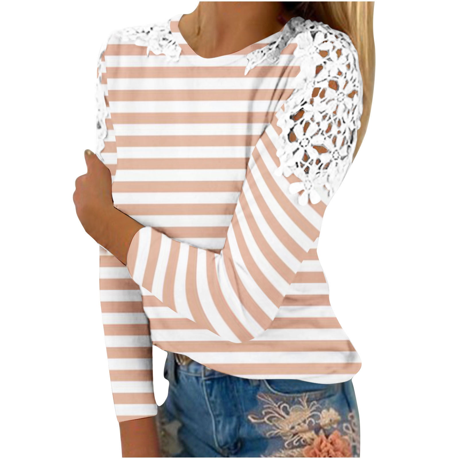 GigrtiJin Fall Women Striped Color Block Tops Long Sleeve Printing Lace ...