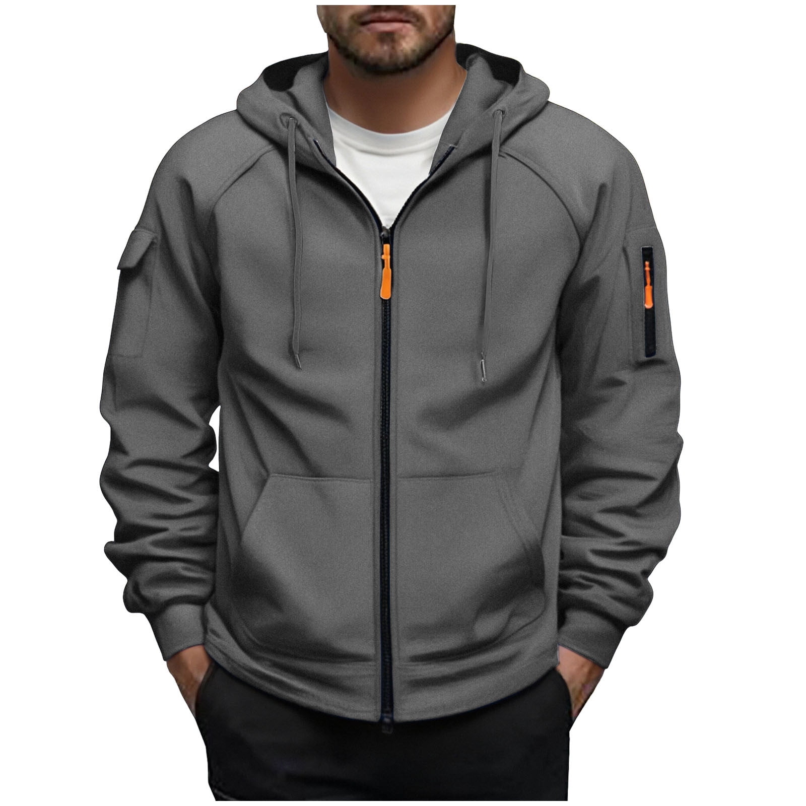 GigrtiJin Men's Cargo Sweatshirt Solid Color Full Zipper Drawstring ...