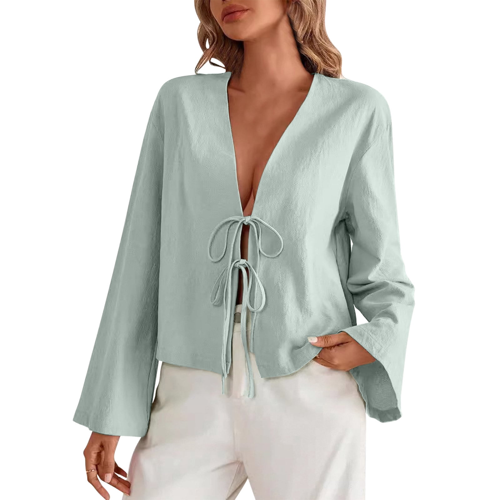GigrtiJin Tie Front Tops for Women V Neck Elegant Bow Lace up Shirts ...