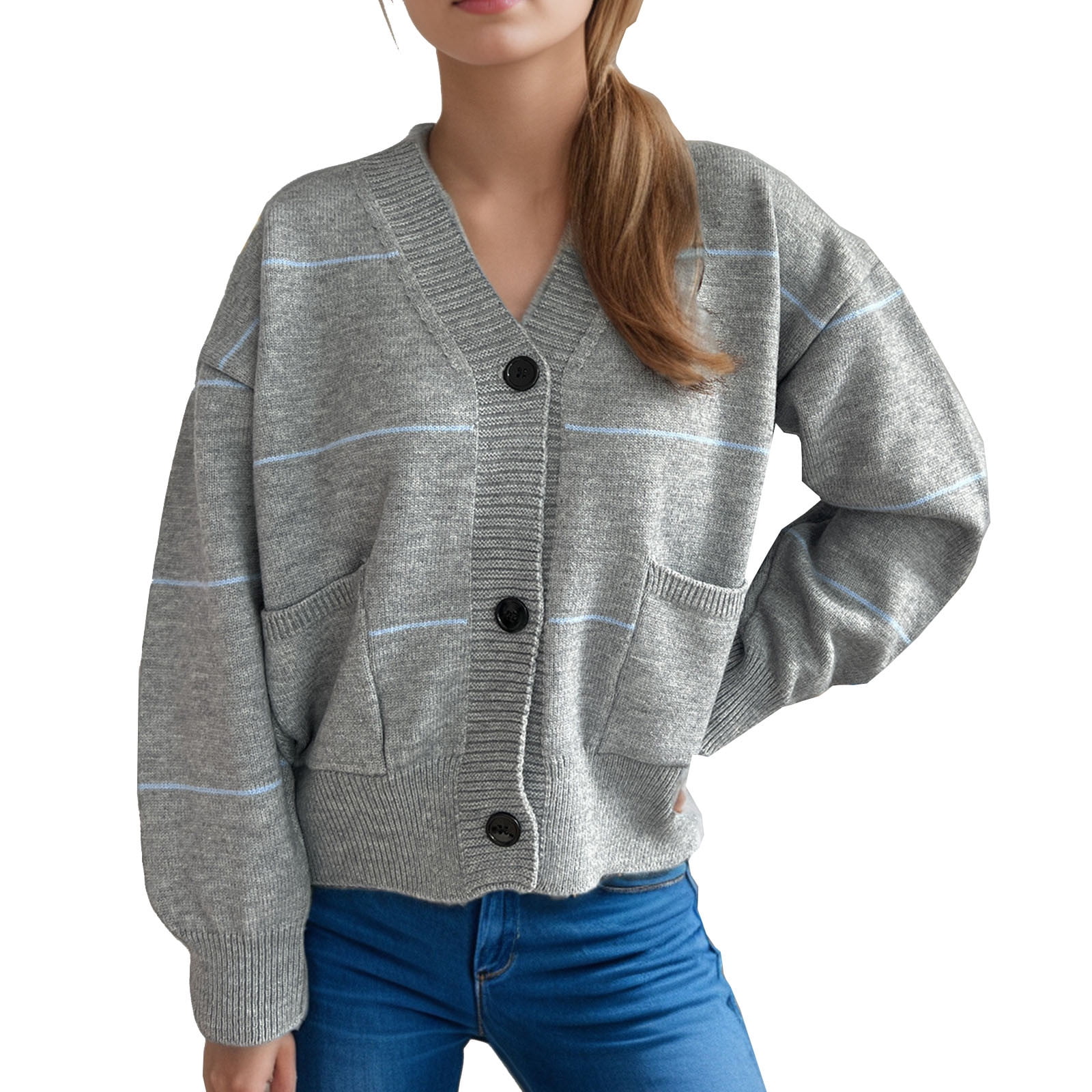 GigrtiJin Women Cardigan Sweaters Striped Knitted Long Sleeve V Neck ...