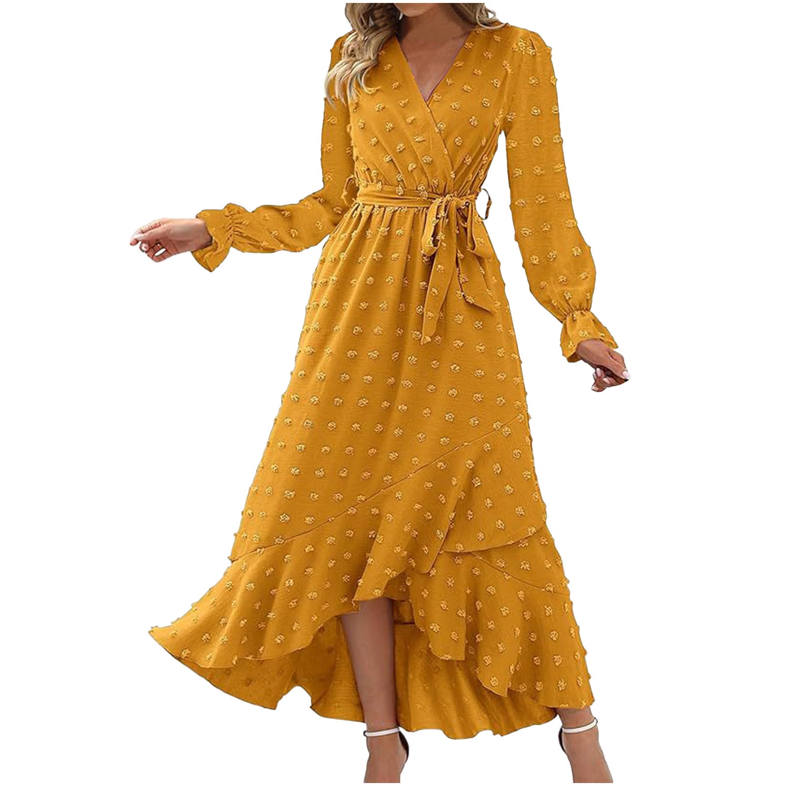 GigrtiJin Women Fall Dresses Long Sleeve V Neck Polka Dots Maxi Dress ...