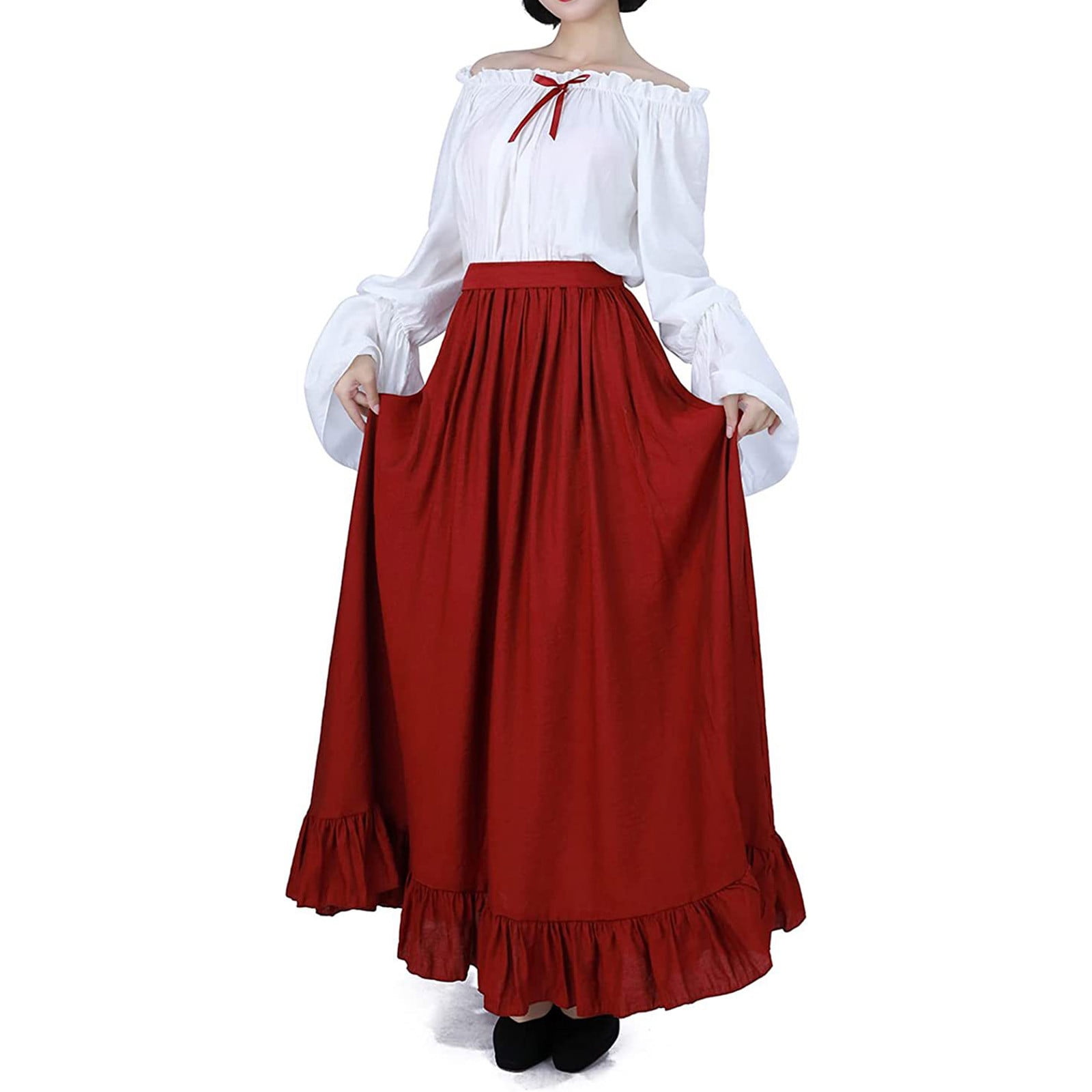 GigrtiJin Women Fall Renaissance Dress off Shoulder Ruffle Hem Medieval ...