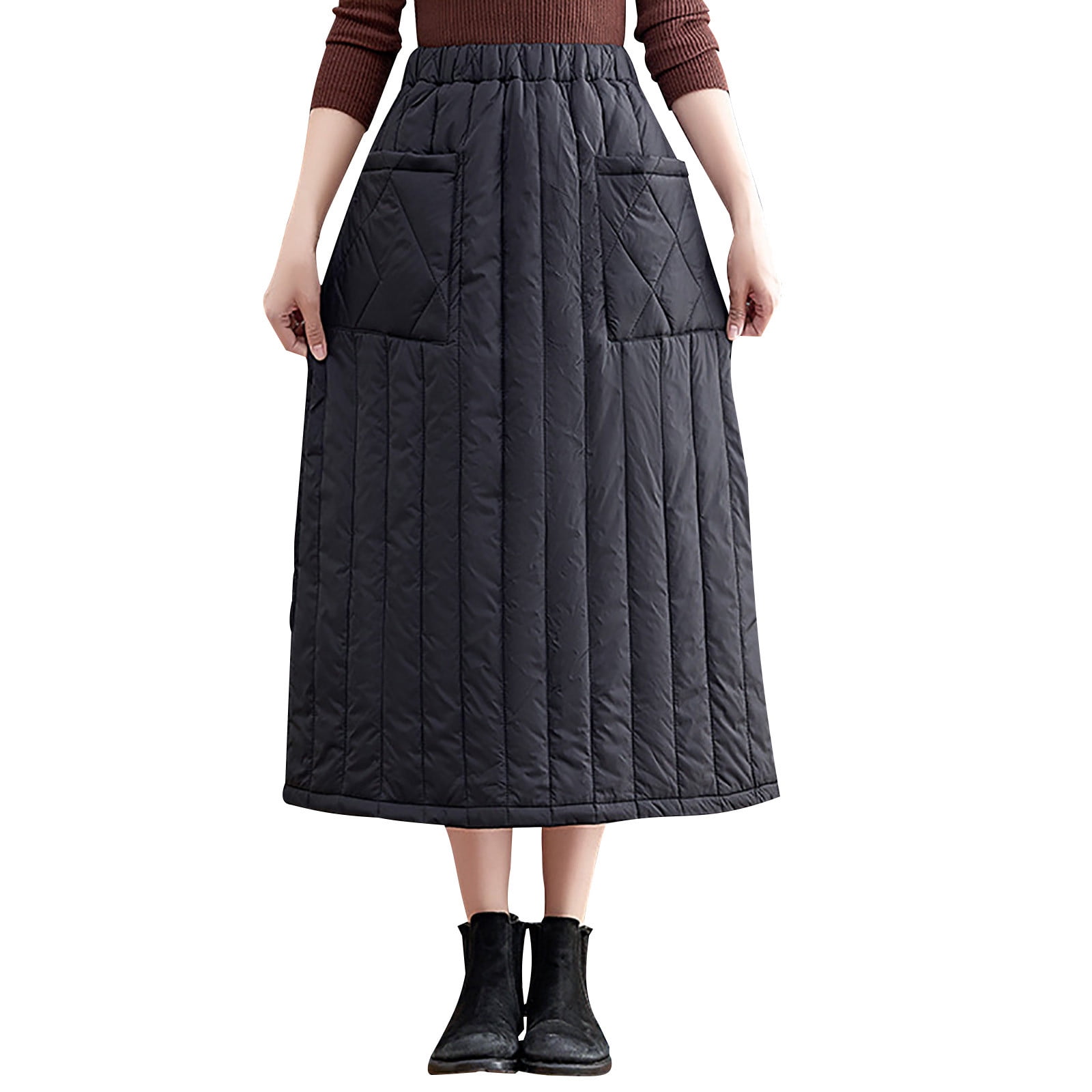 GigrtiJin Women's Elastic Waist down Skirt Winter Padded A-Line Quilted Skirt Insulated Long ...