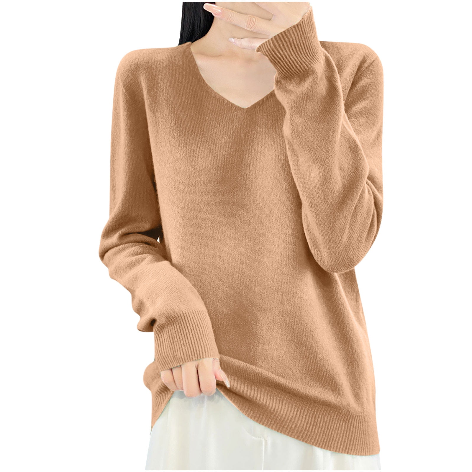 GigrtiJin Women's Knitting Cotton Pullover Tops Casual V-Neck Long ...