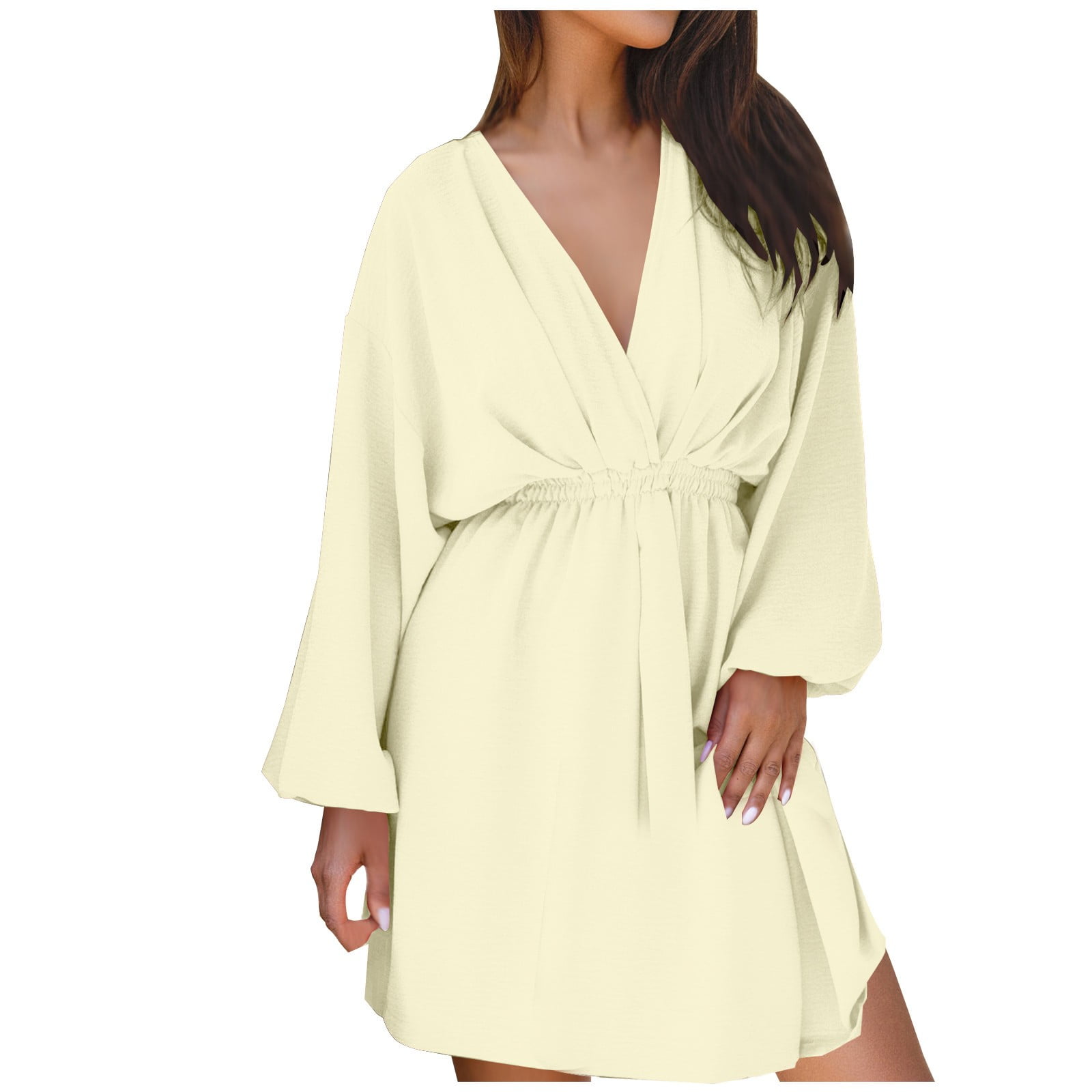 GigrtiJin Womens Casual Dresses Puff Long Sleeve V Neck Tie Waist Mini ...