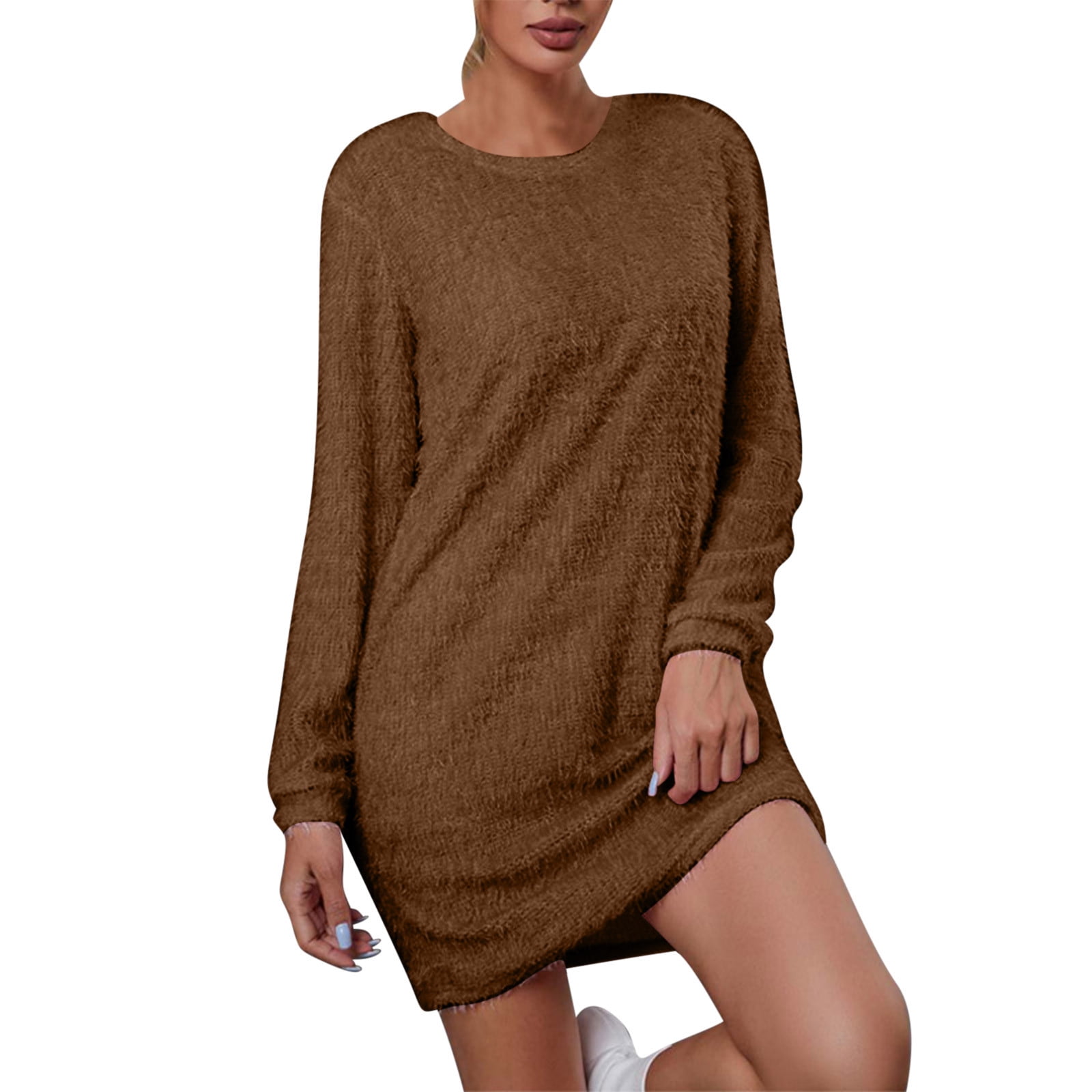 GigrtiJin Womens Fall Winter Fuzzy Fleece Dress Casual Loose Crewneck ...